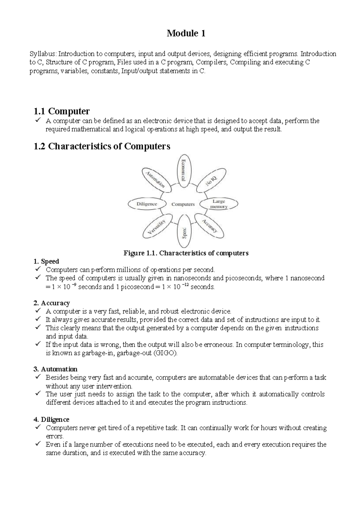 MOD 1 - complete - Module 1 Syllabus: Introduction to computers, input ...