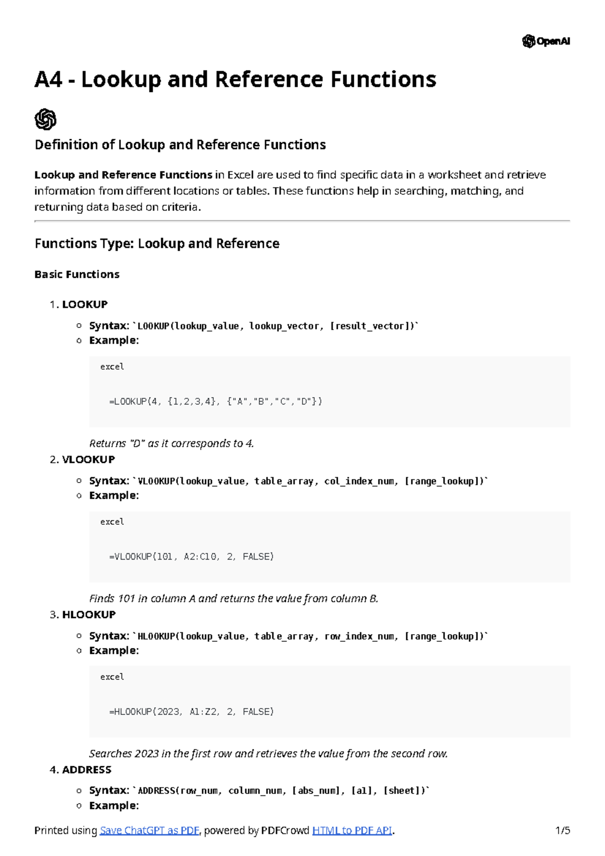 MS Excel - Lookup and Reference Functions - A4 - Lookup and Reference ...