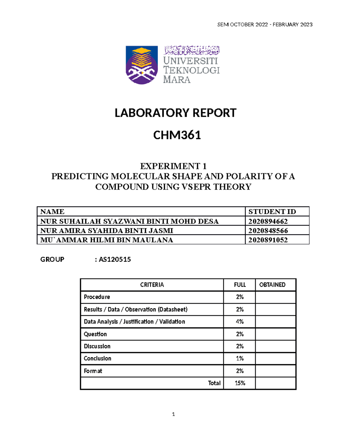 CHM361 Front PAGE LAB Report - SEM OCTOBER 2022 - FEBRUARY 2023 ...