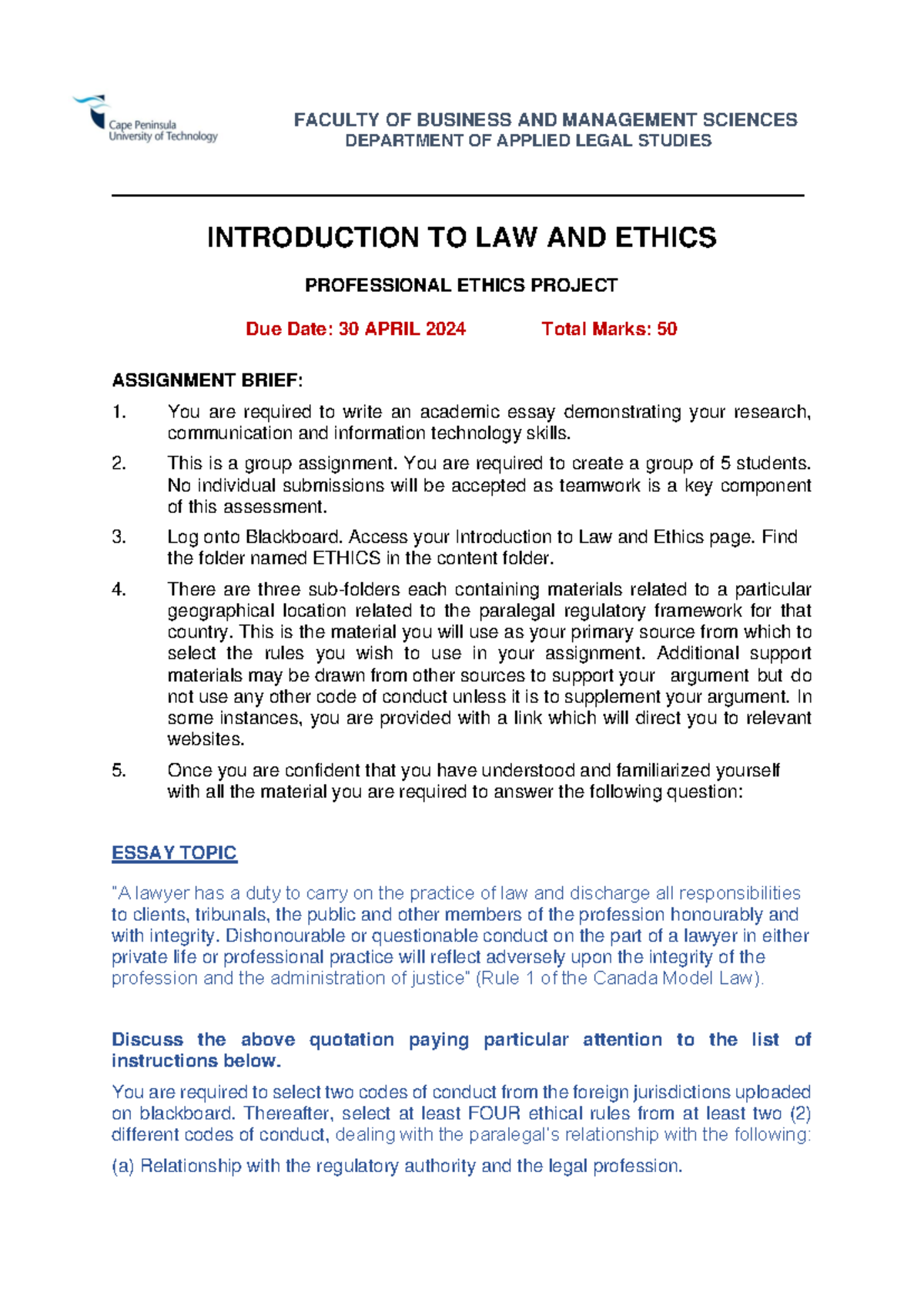 Integrated Assessment - Intro ONLY 2024 - FACULTY OF BUSINESS AND ...