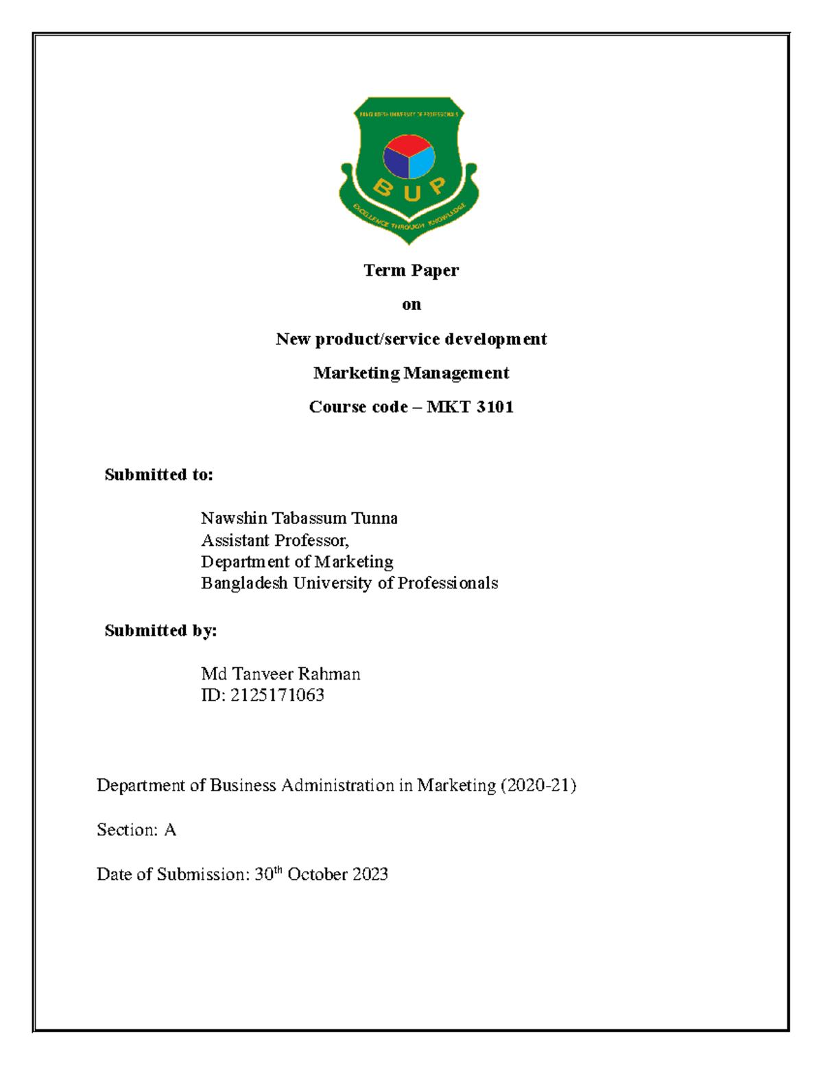 2125171063 TP Marketing Management - Term Paper on New product/service ...