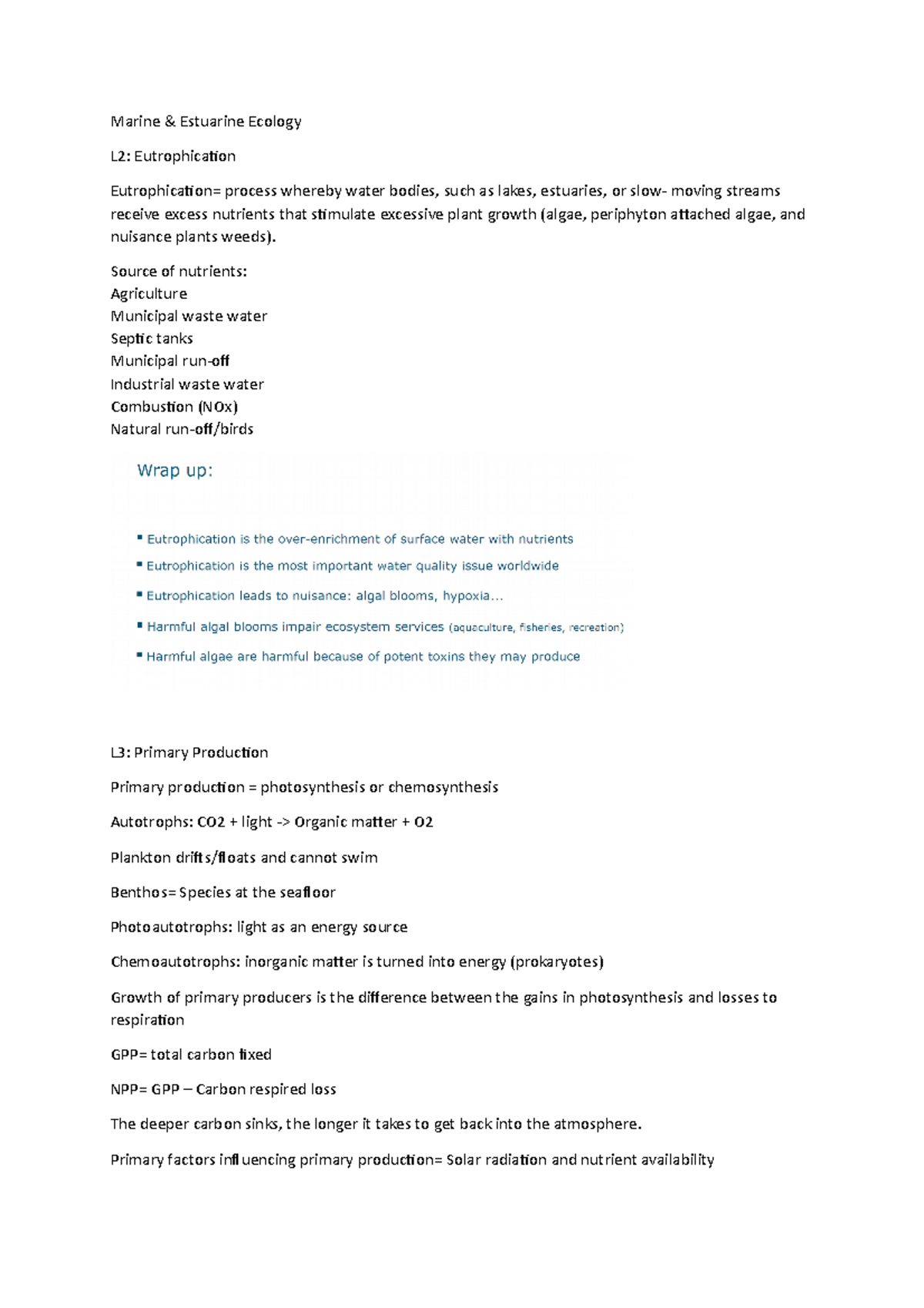 MAE Summary - Lecture notes - Marine & Estuarine Ecology L2 ...