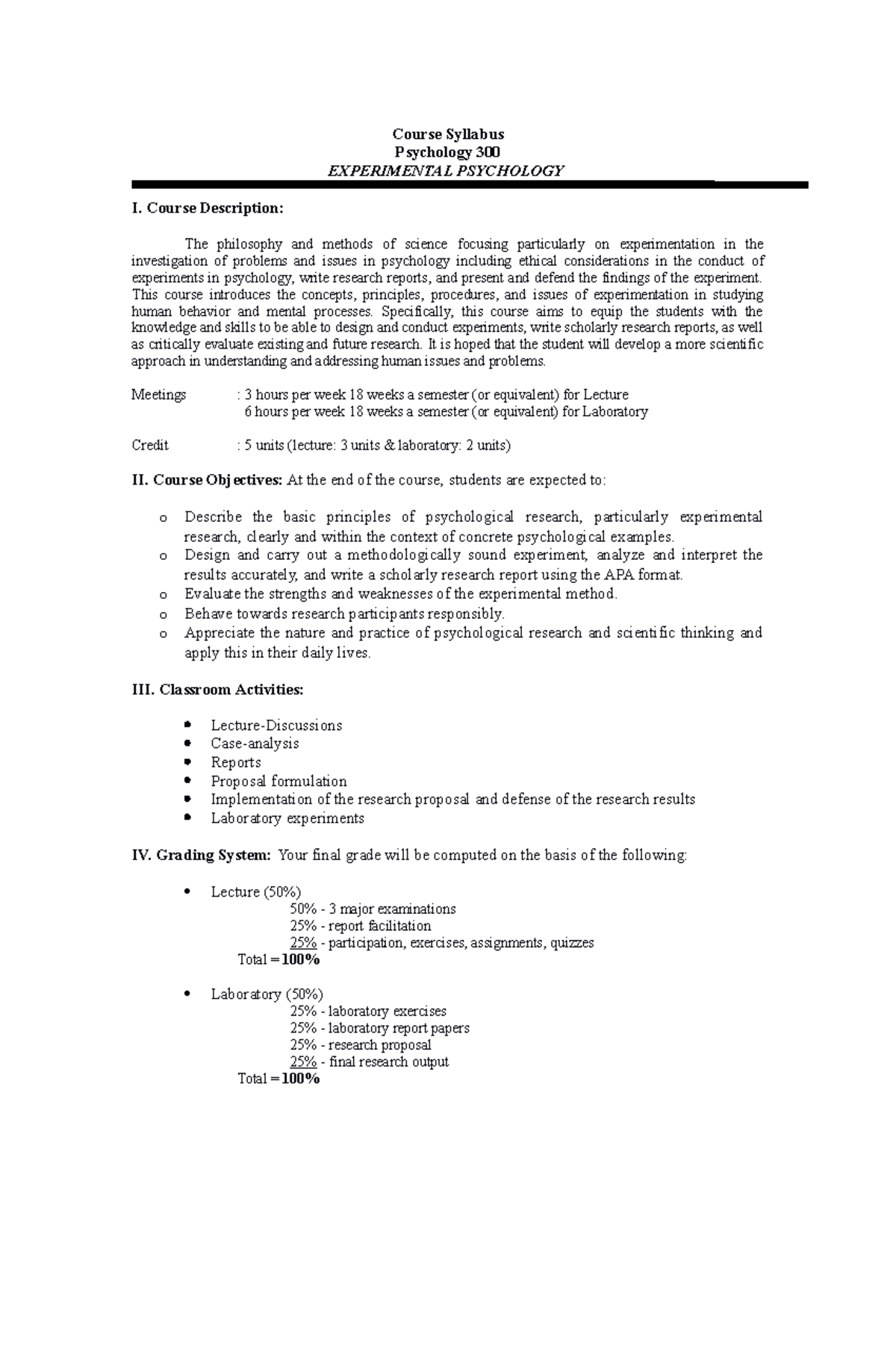 Psych 300 syllabus - Course outline - Course Syllabus Psychology 300 ...