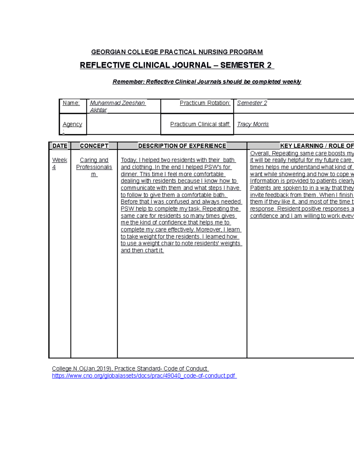 Weekly Reflective Clinical Journal semester 2 - GEORGIAN COLLEGE ...