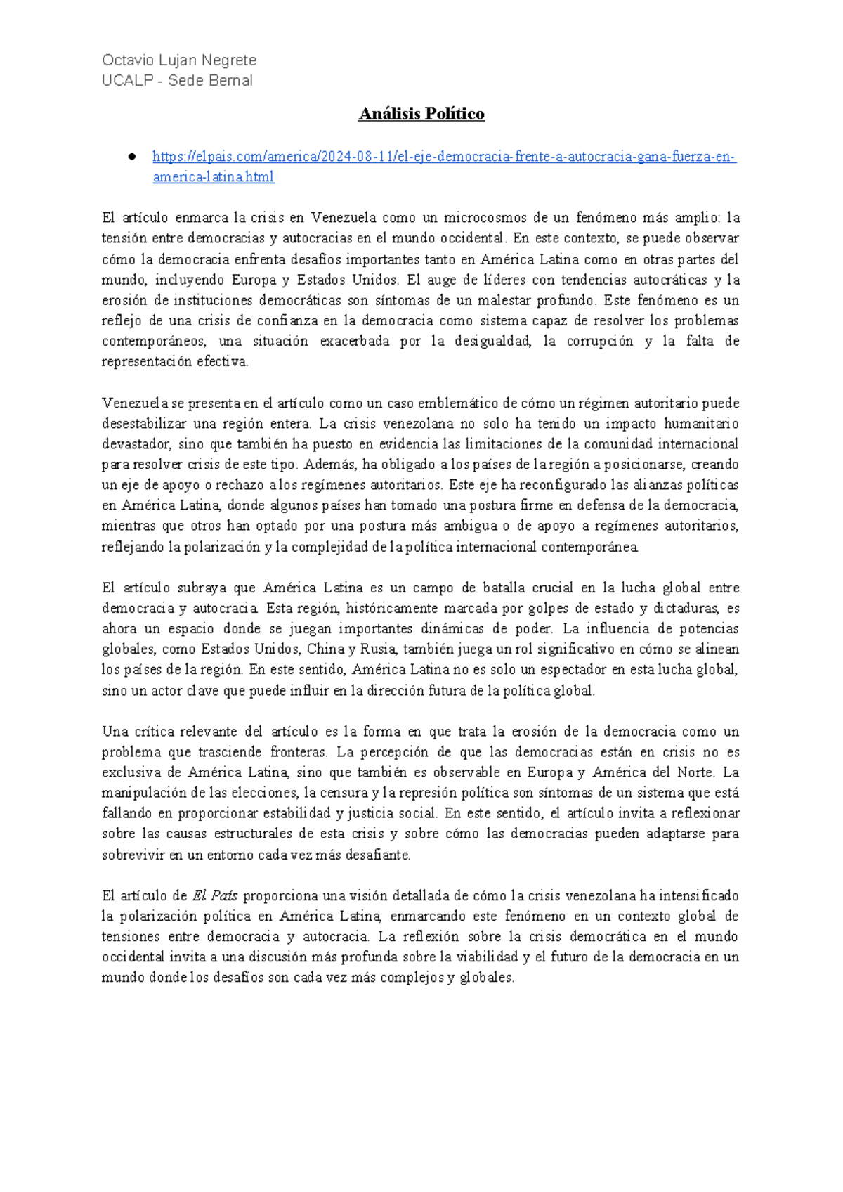 Eje democracia frente a autocracia - Octavio Lujan Negrete UCALP - Sede ...