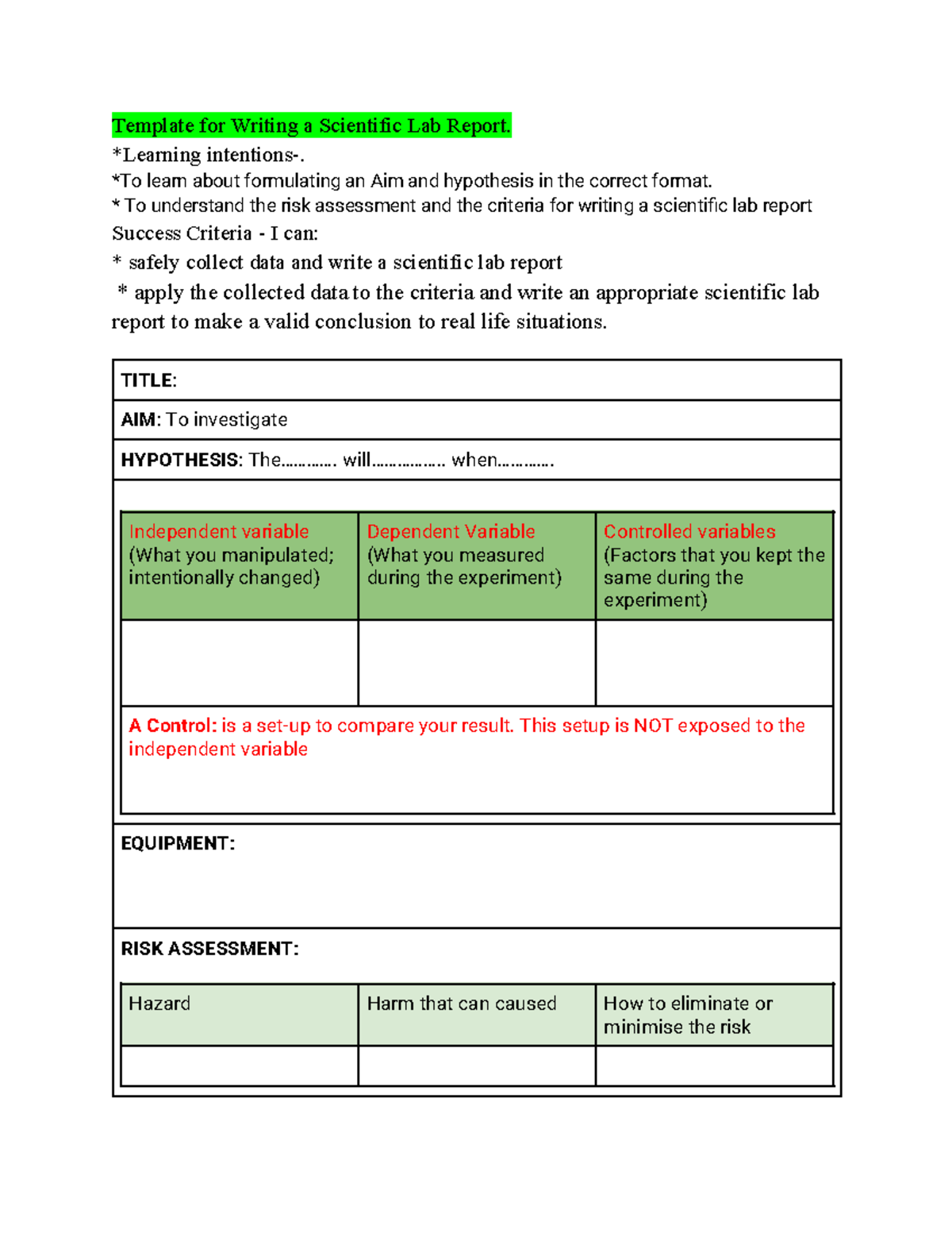 Template for writing a Scientific lab Report - *Learning intentions ...