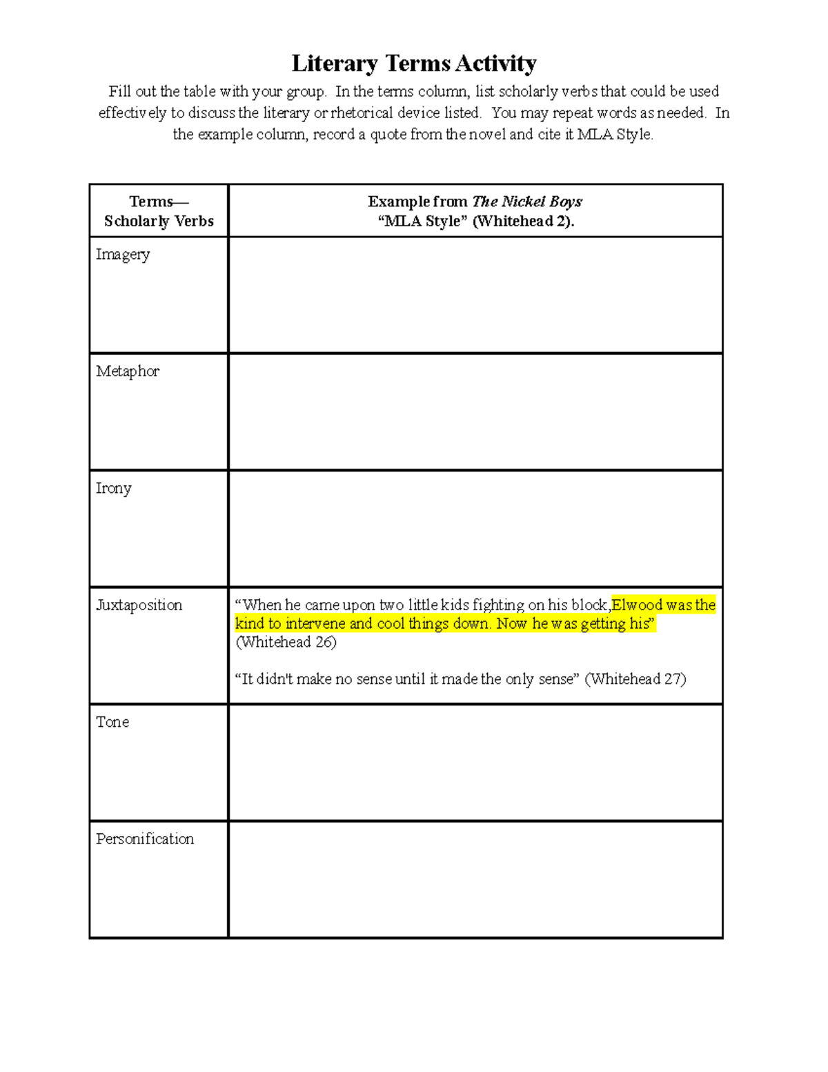 Literary Terms Activity - In the terms column, list scholarly verbs ...