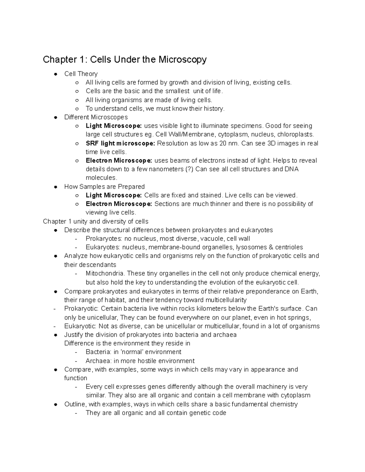 Cell Bio Review - Cell Bio Intro notes - Chapter 1: Cells Under the ...