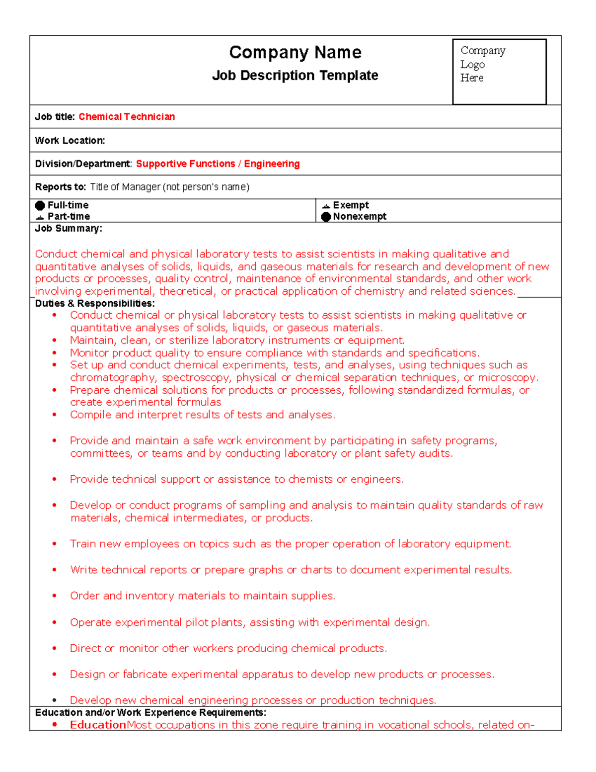 Chemical Technician - job description - Company Name Job Description ...