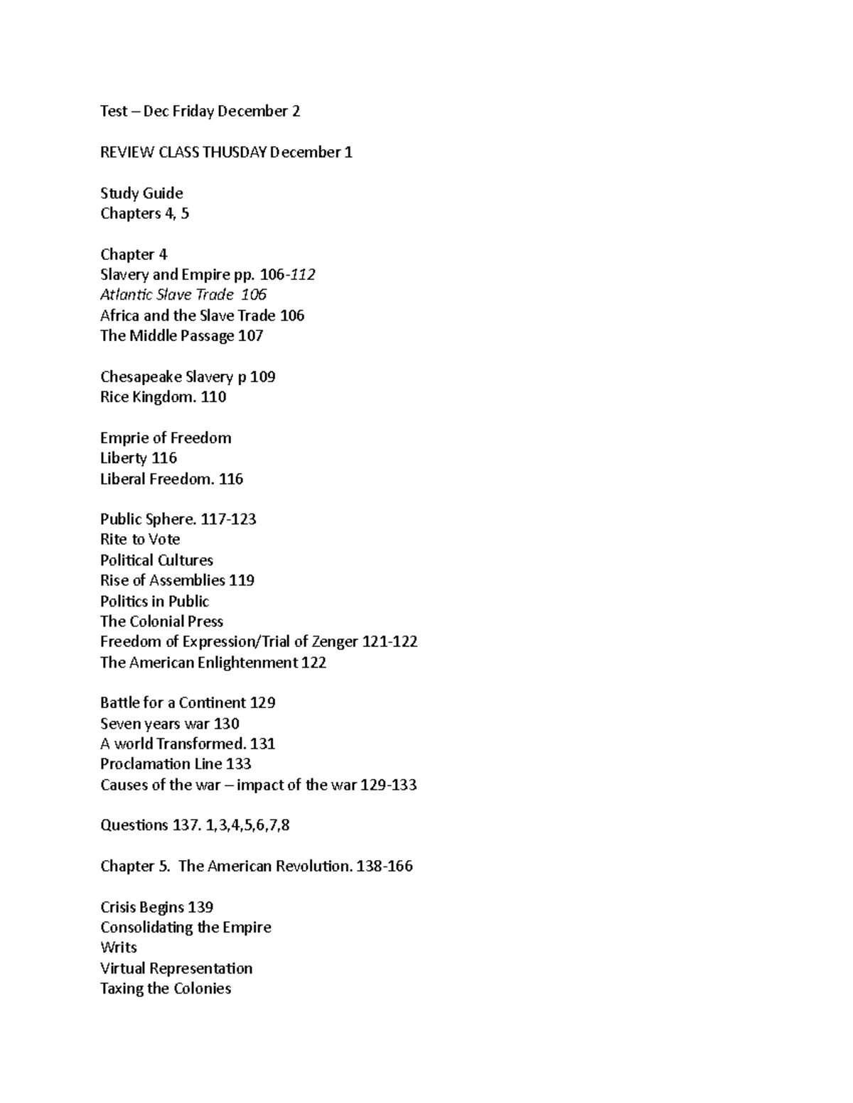 Study Guide - Test – Dec Friday December 2 REVIEW CLASS THUSDAY ...