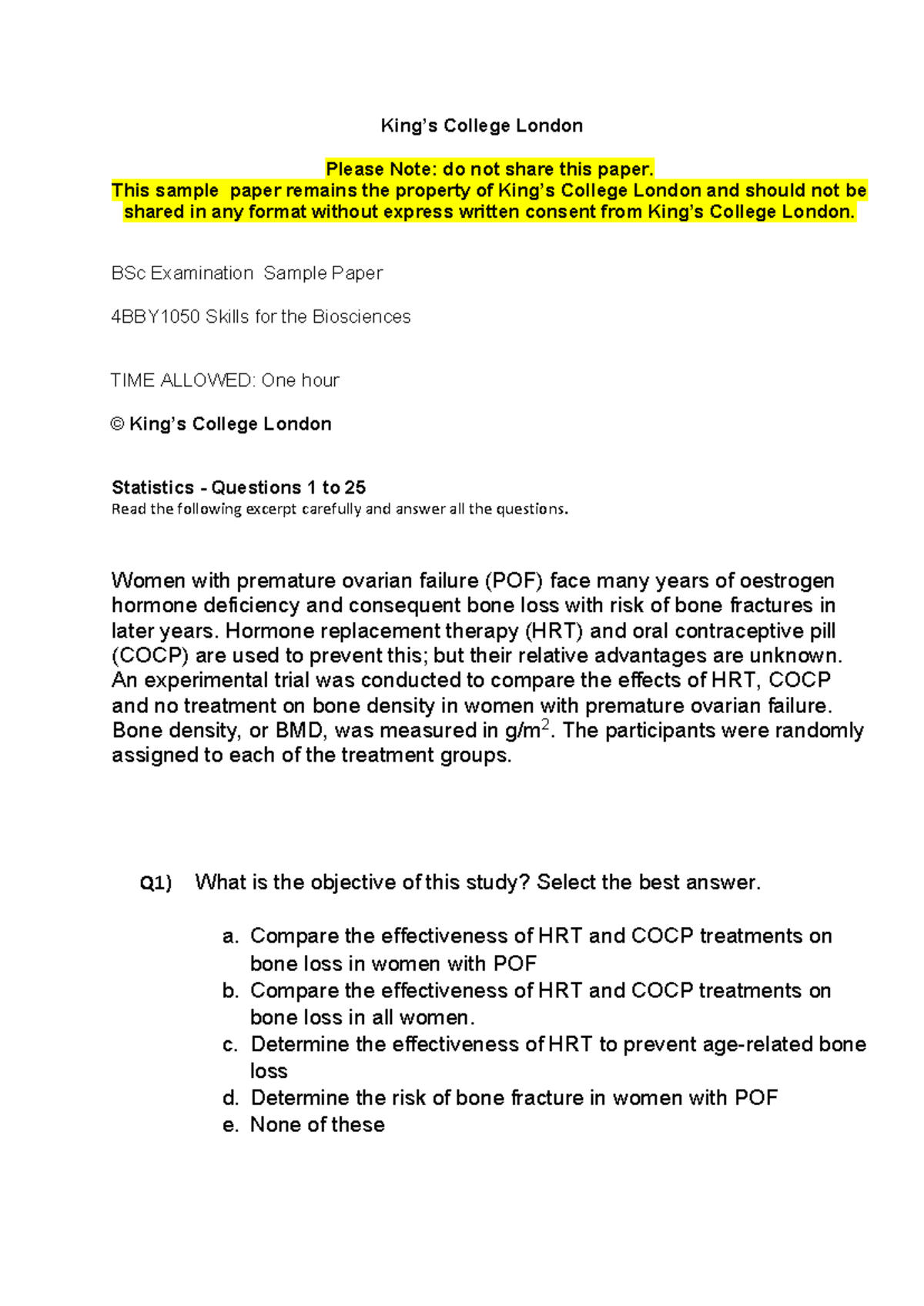 4BBY1050 Sample Exam Paper without answers 2023 - King’s College London ...