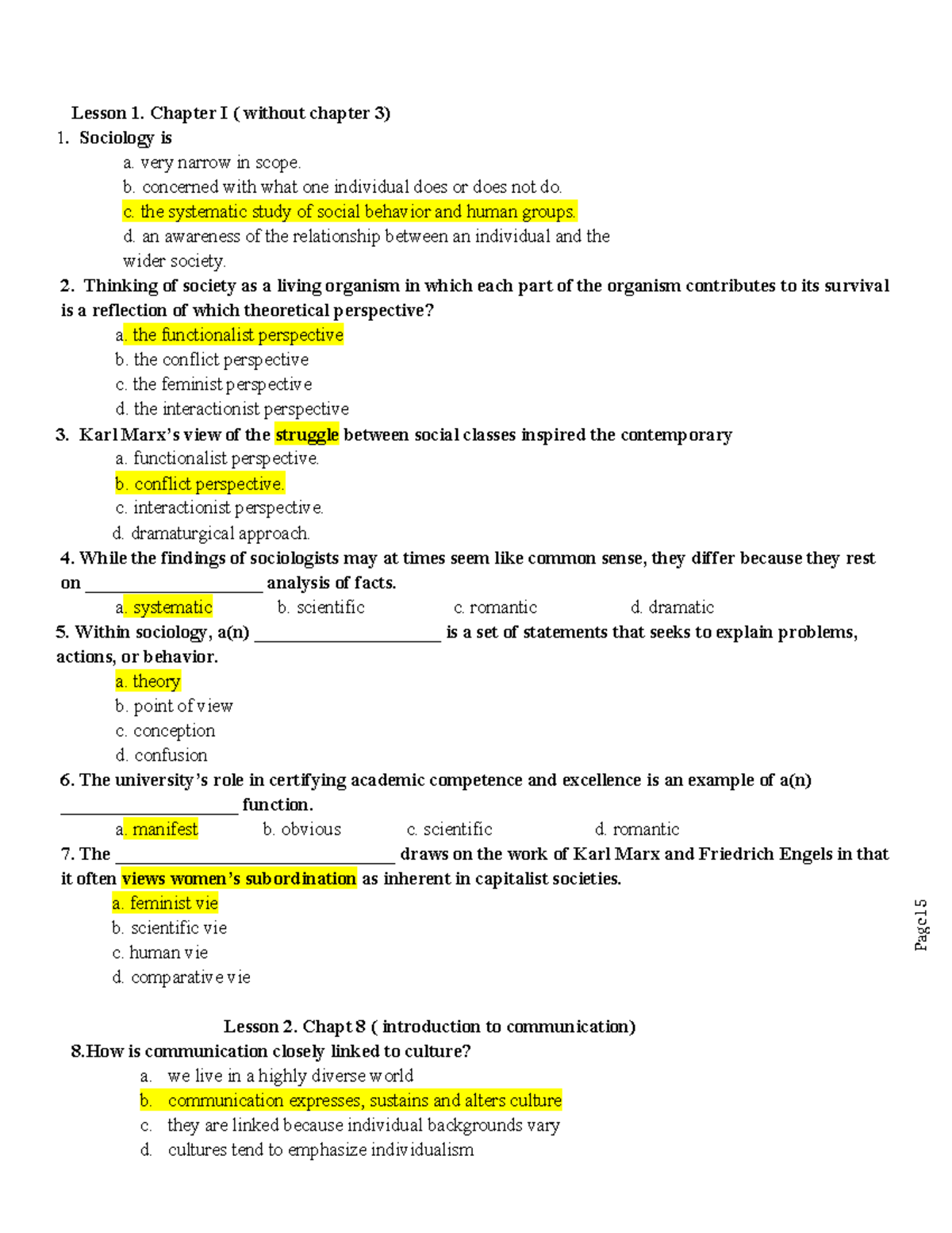 Quiz Revision 2023 with key doc - Page Lesson 1. Chapter I ( without ...