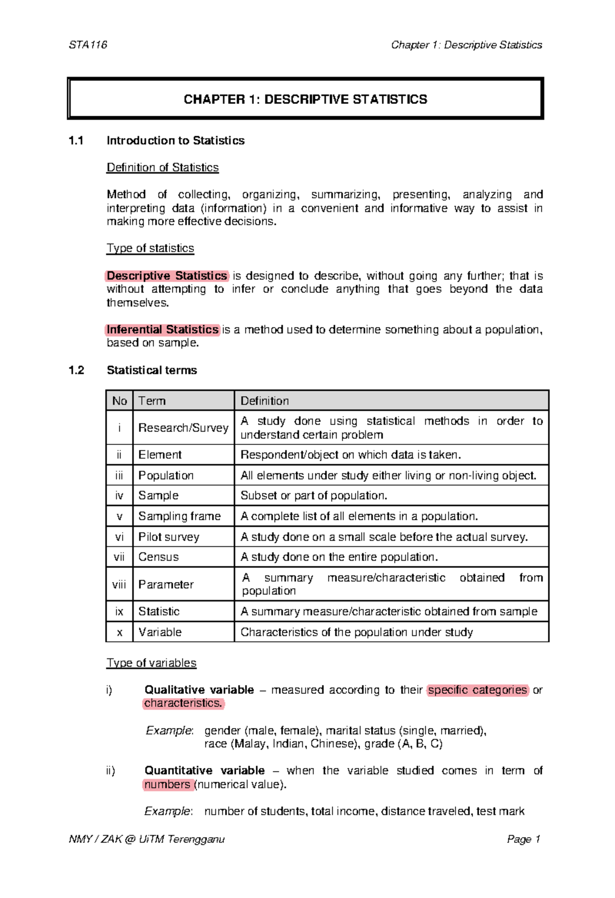 STA116 Notes FULL Chapter 1 - CHAPTER 1: DESCRIPTIVE STATISTICS 1 ...