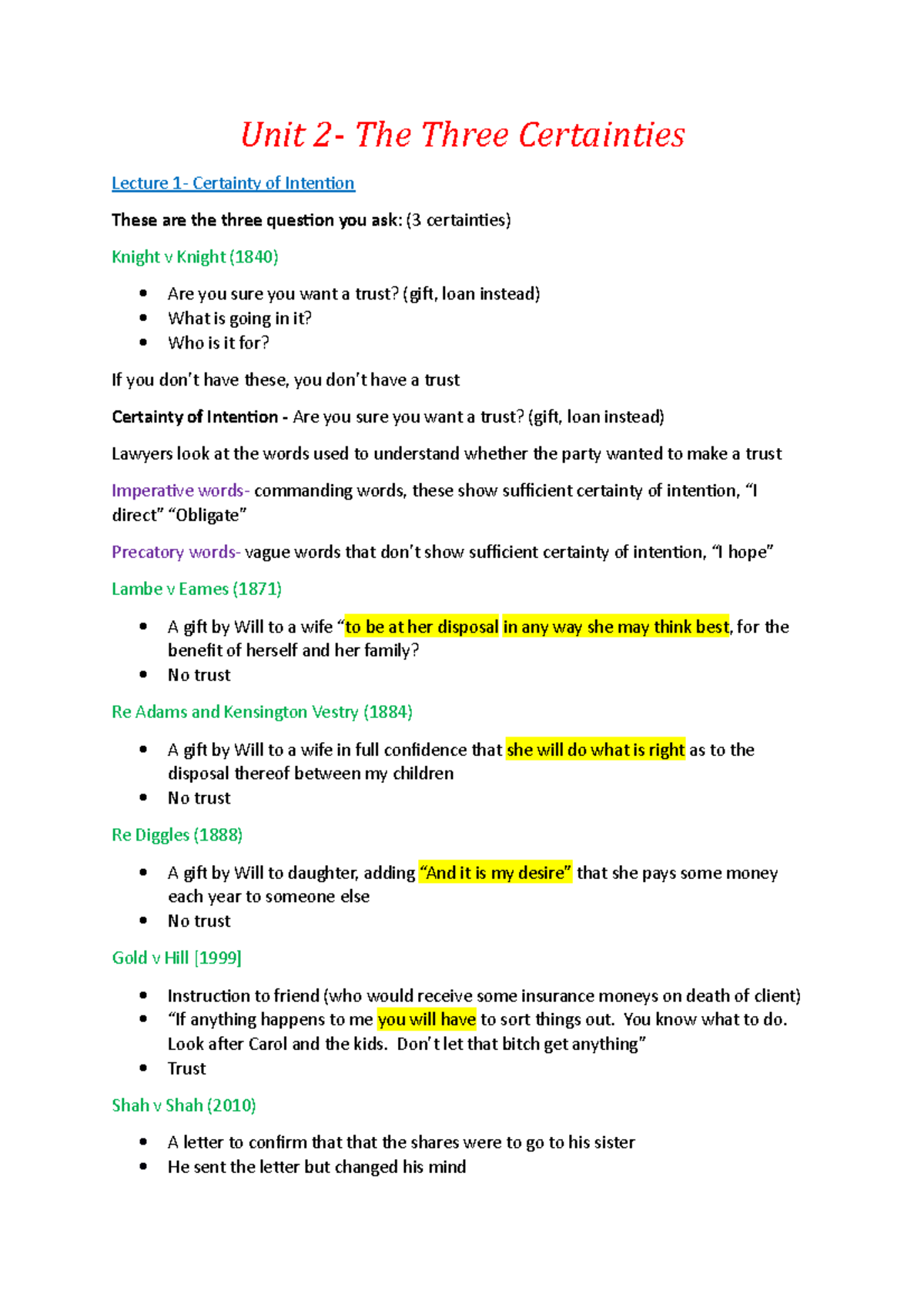 Unit 2- Trusts and wills - Unit 2- The Three Certainties Lecture 1- Certainty of Intention These ...