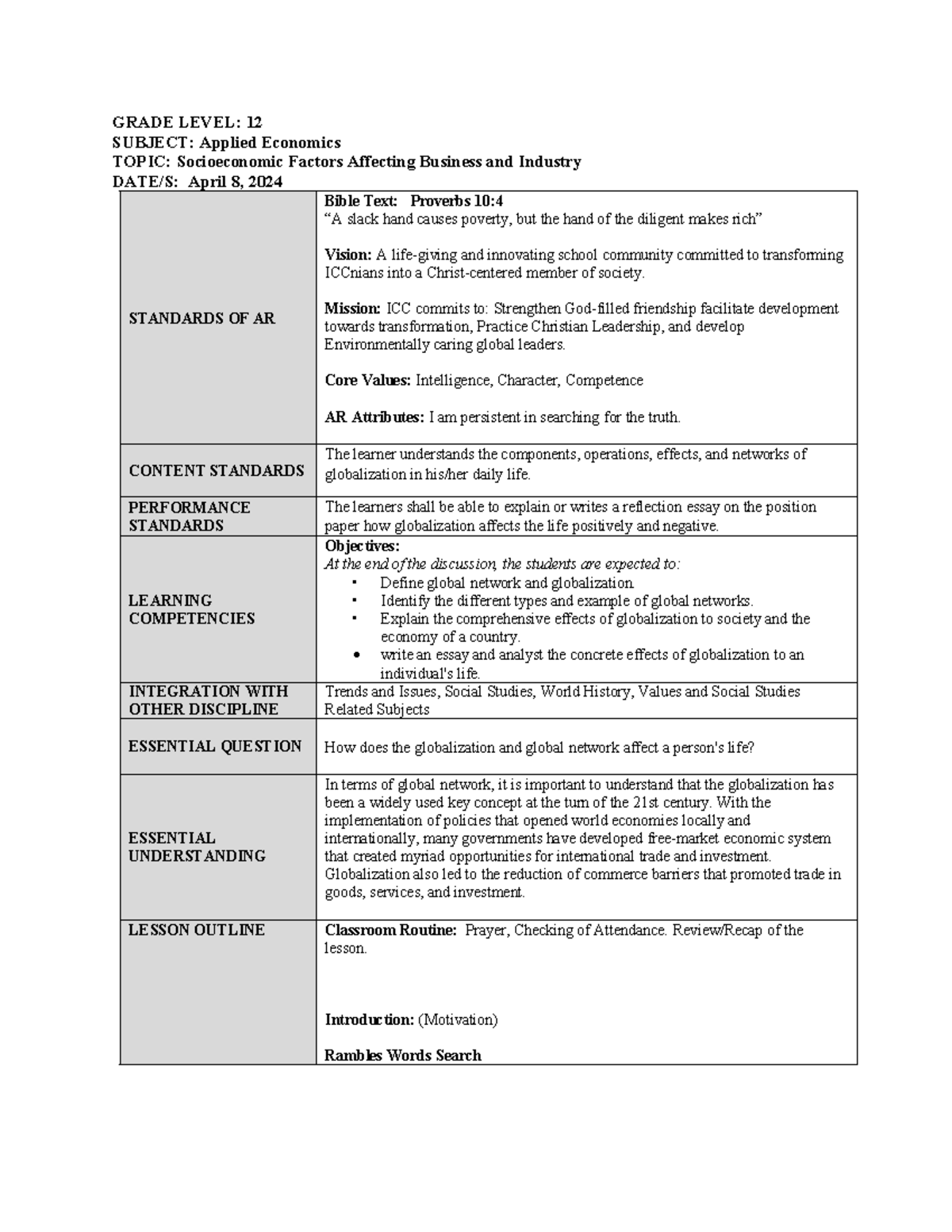 Lesson Plan - Chapter 3 Global Network - GRADE LEVEL: 12 SUBJECT ...