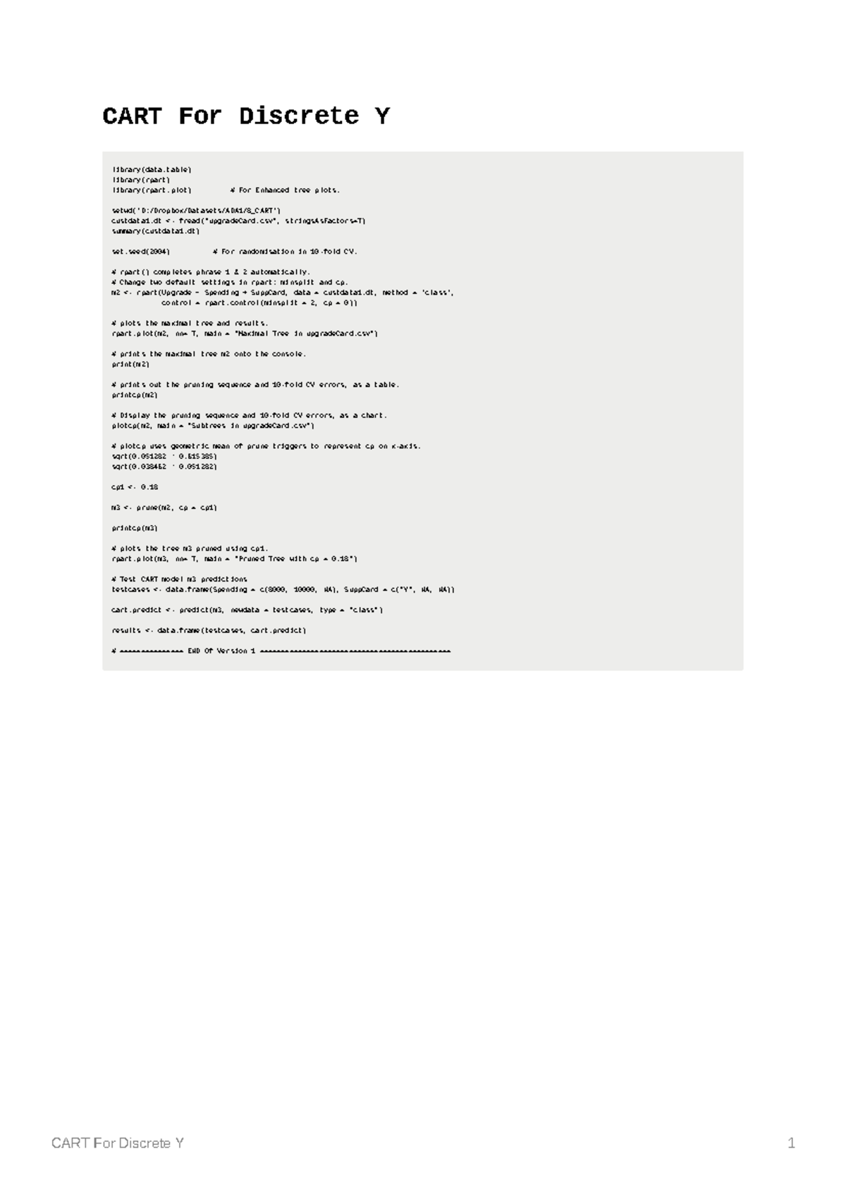 Cart For Discrete Y Syntax To Appreciate Code In The Course Projects Refer To Comments In The