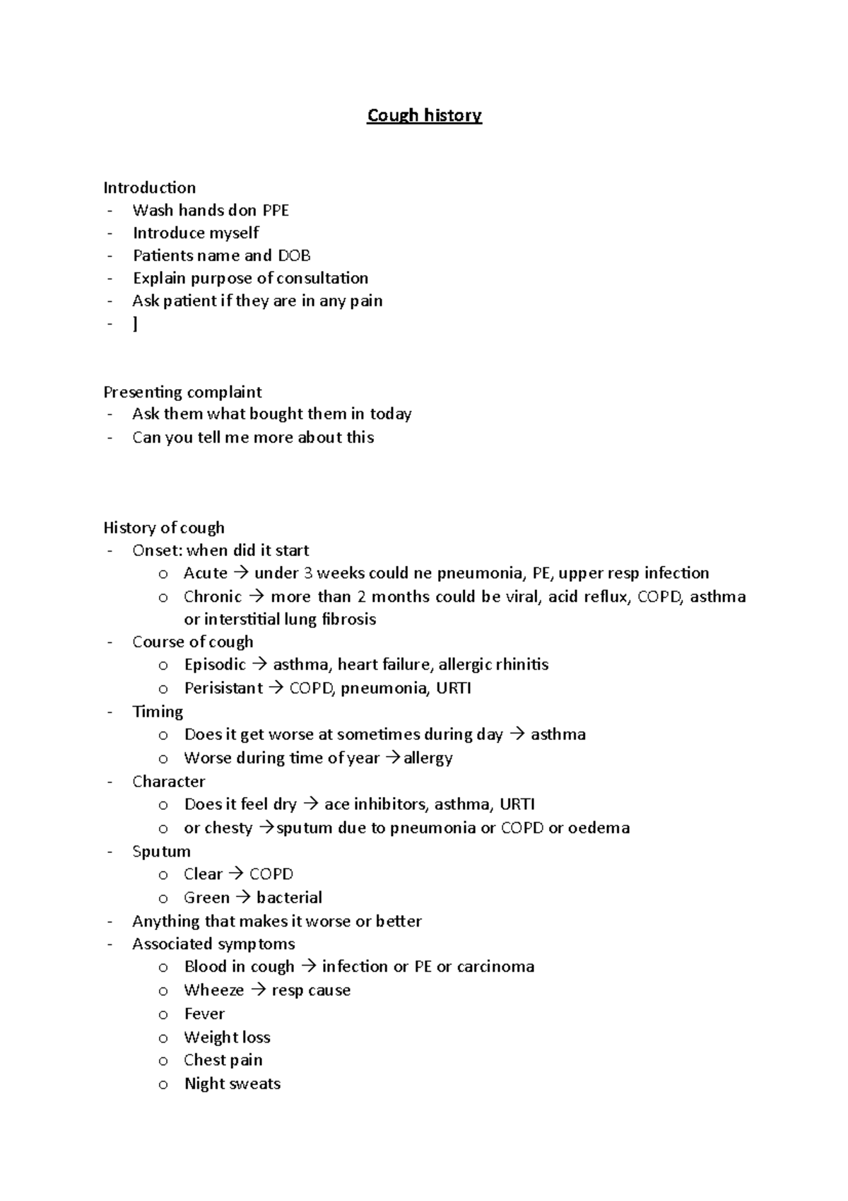 Cough history taking - OSCE prep - Cough history Introduction - Wash ...