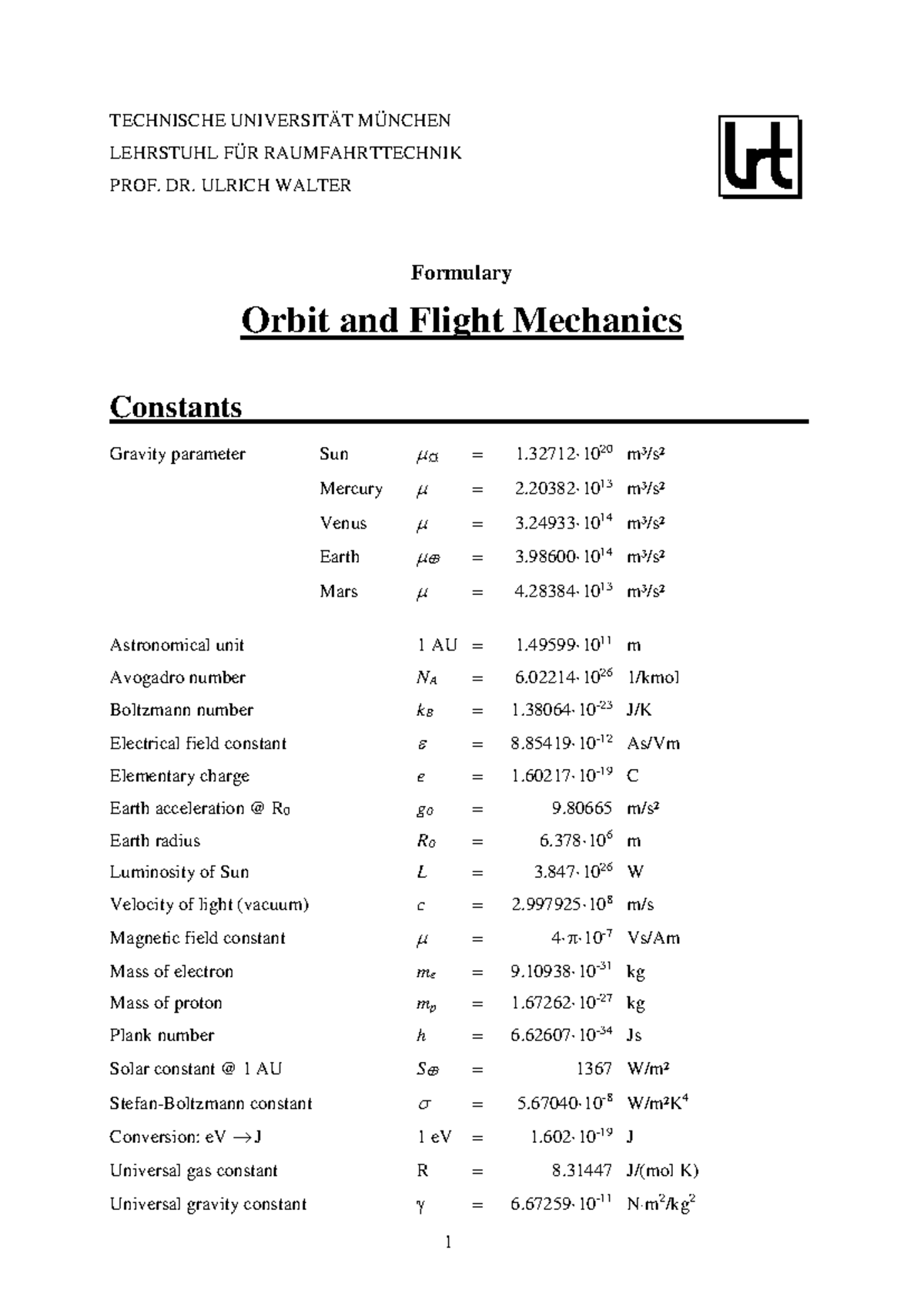 Formulary - list of formulas - Formulary Orbit and Flight Mechanics Constants Gravity parameter ...