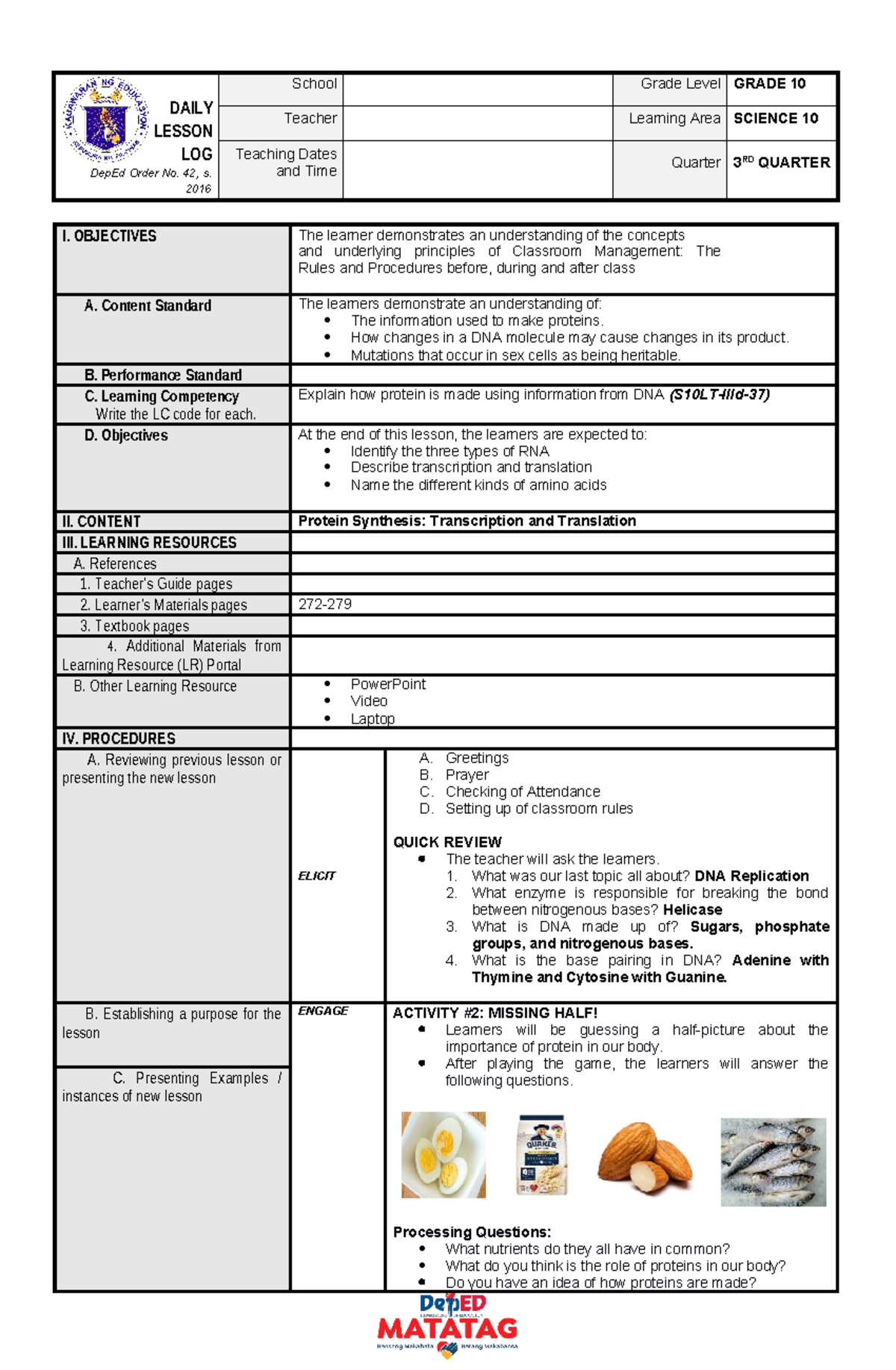 Lesson Plan - Protein Synthesis - DAILY LESSON LOG DepEd Order No. 42 ...