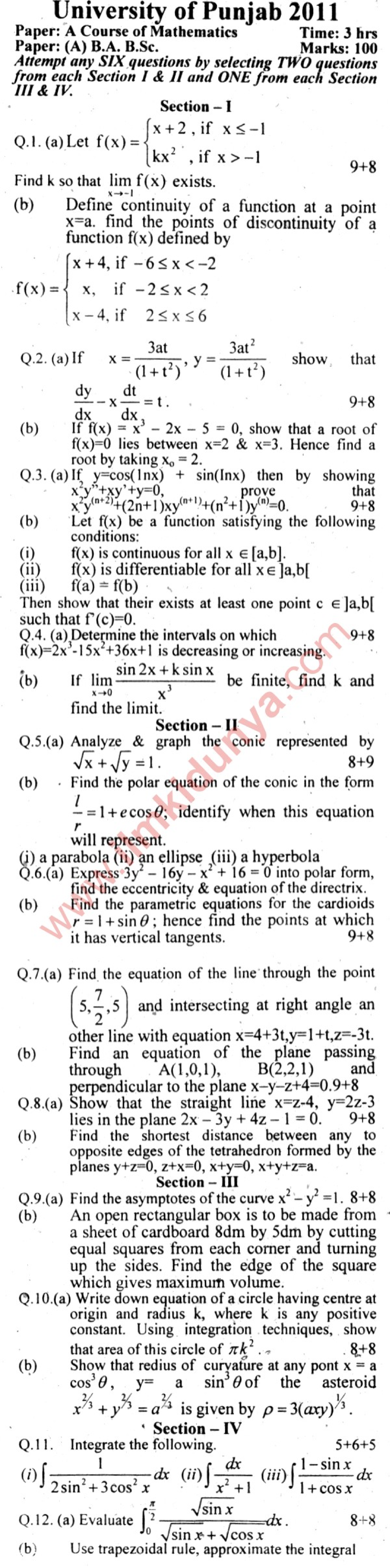 Past Papers 2011 Punjab Univesity BA BSc Mathematics A Course Paper A ...