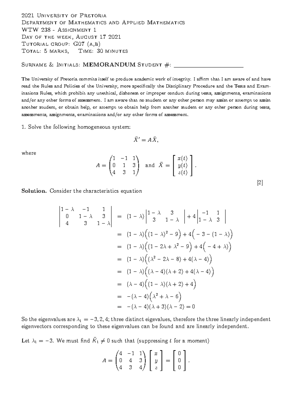WTW238G07 Assignment 1 Memo - 2021 University of Pretoria Department of ...