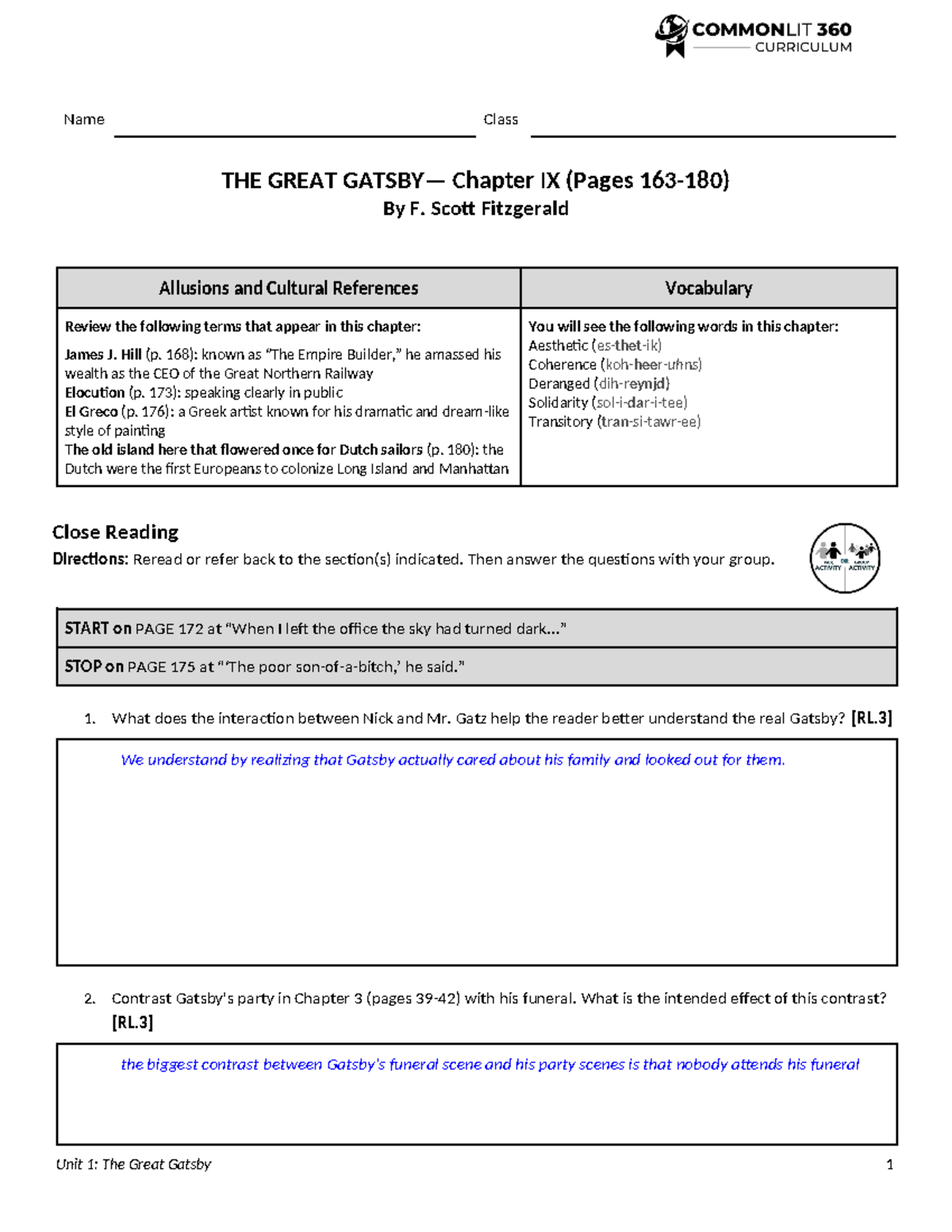 27. 11G Unit 1 The Great Gatsby Ch IX During-Reading Questions Student ...