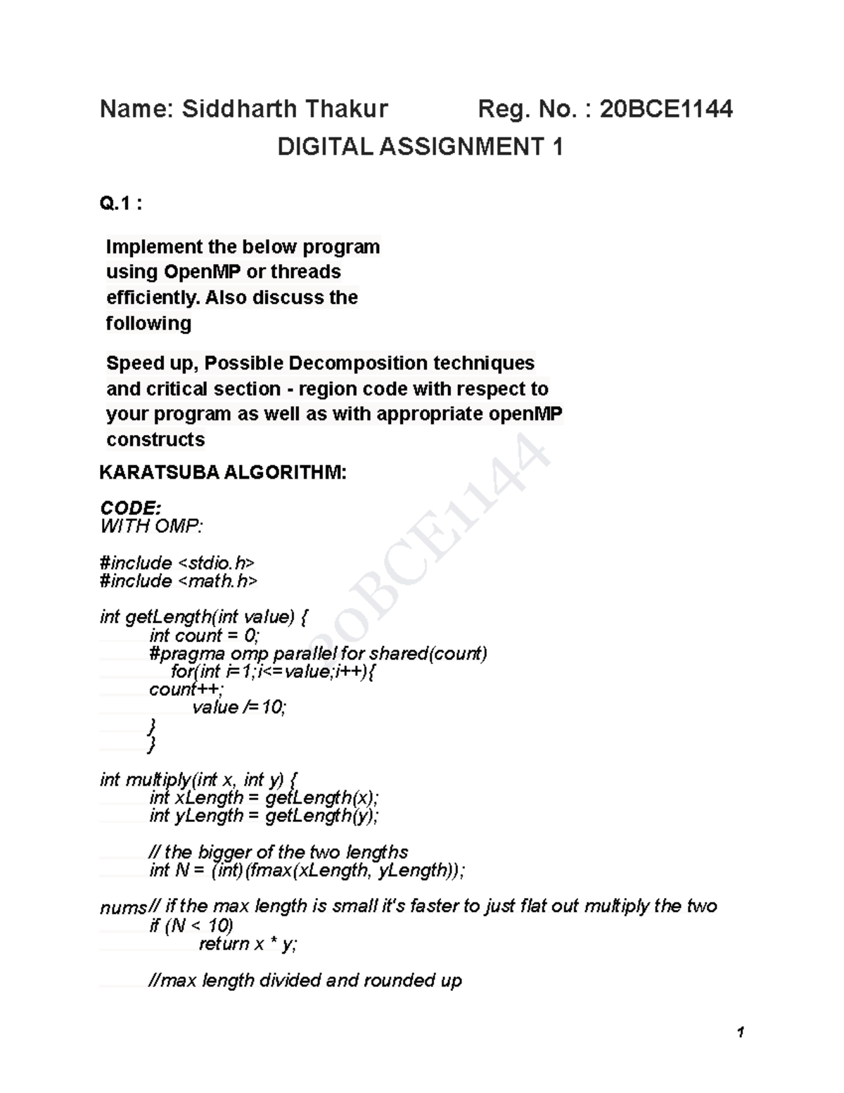 20BCE1144 CSE4001 DA1 - 20BCE Name: Siddharth Thakur Reg. No. : 20BCE DIGITAL ASSIGNMENT 1 Q ...