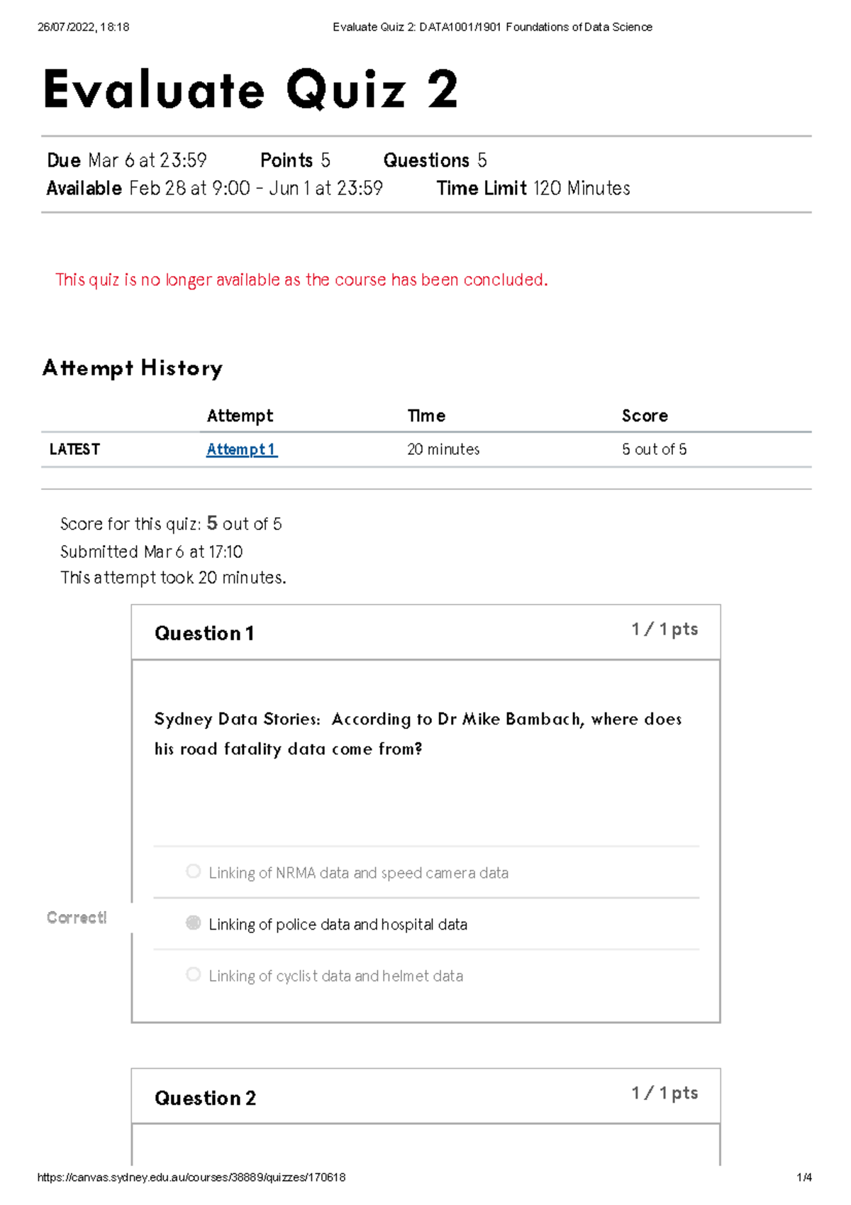 Evaluate Quiz 2 DATA1001 1901 Foundations of Data Science - Evaluate ...