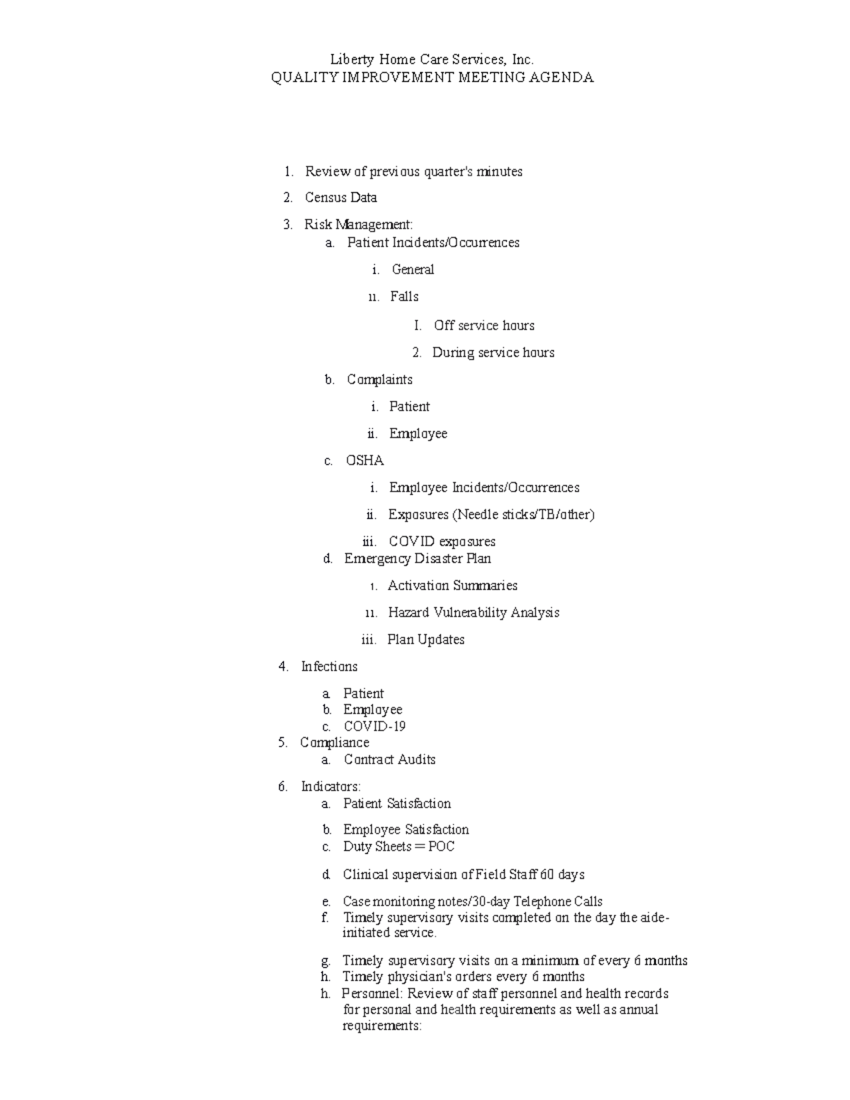 Quality Improvement - QUALITY IMPROVEMENT MEETING AGENDA 1. Review of ...