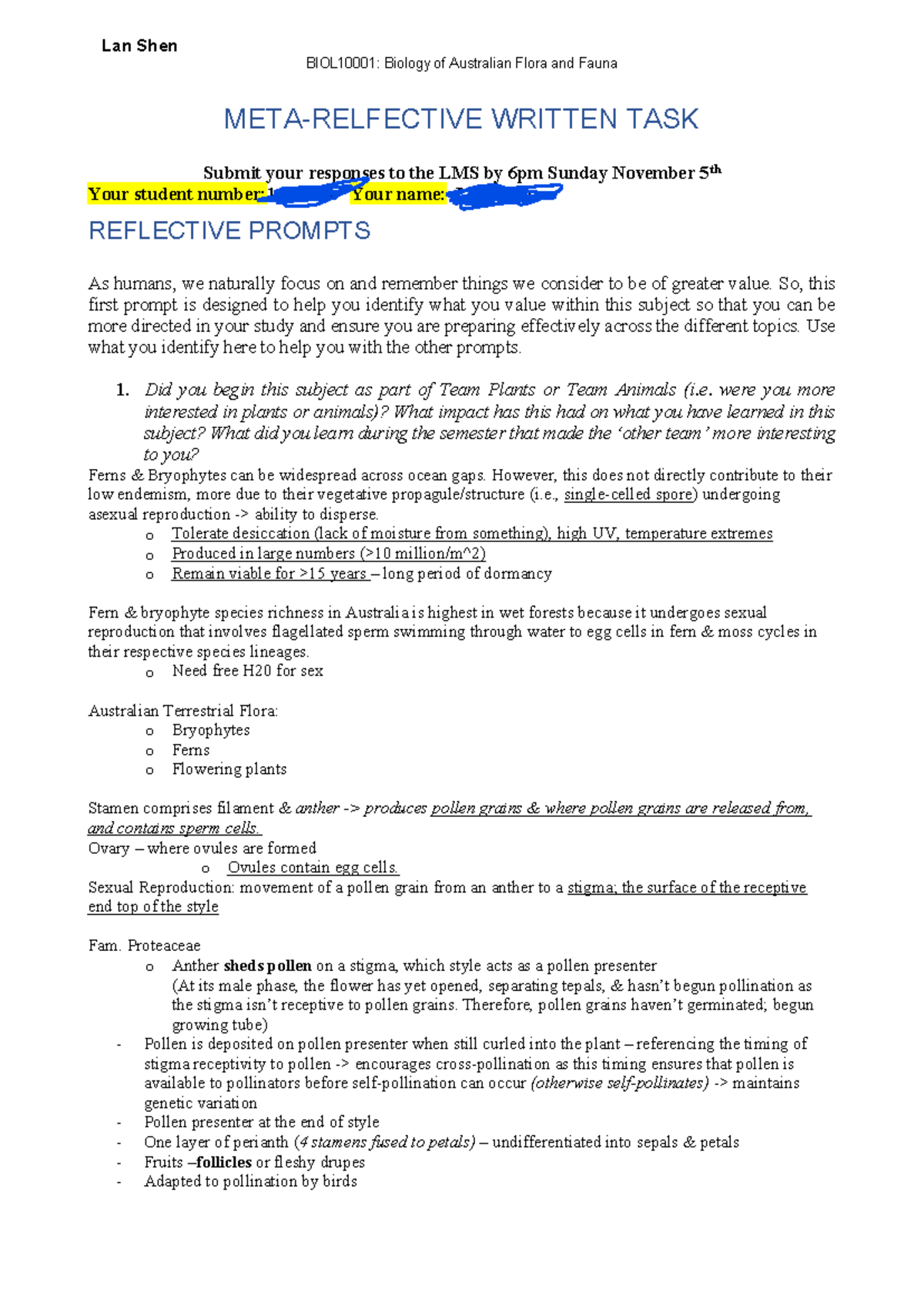 Annotated-BIOL10001 Meta Reflection - Lan Shen BIOL10001: Biology of ...