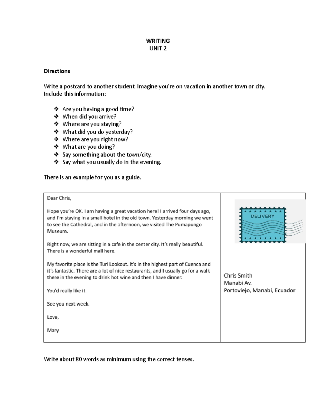 Writing unit 2 - FRRF - WRITING UNIT 2 Directions Write a postcard to ...
