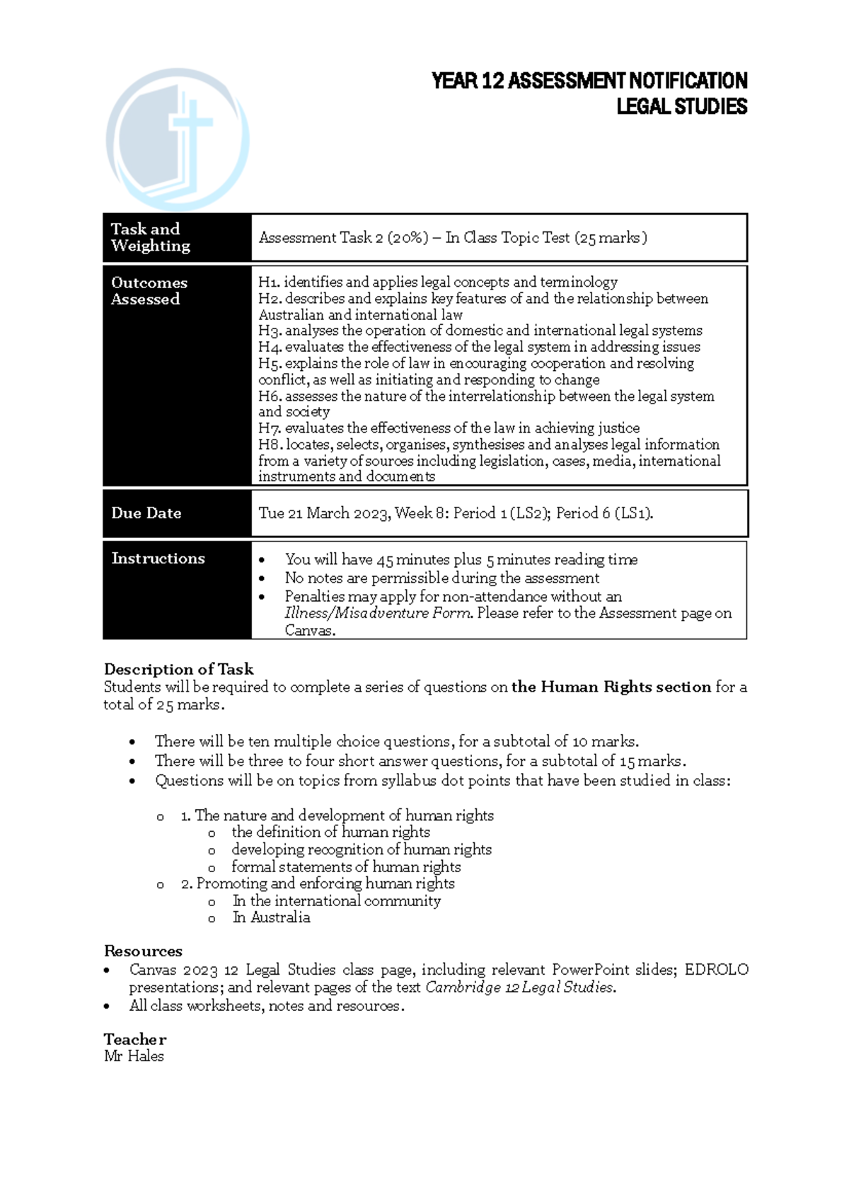 2023 12LS A2 Topic Test Notice - YEAR 12 ASSESSMENT NOTIFICATION LEGAL ...
