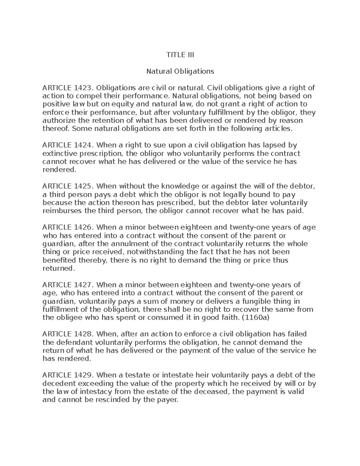 Title III - Oblicon - TITLE III Natural Obligations ARTICLE 1423 ...