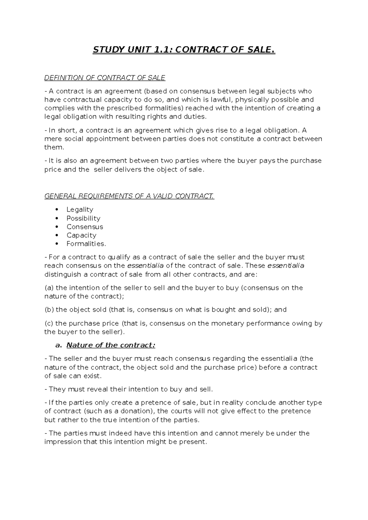 Study UNIT 1 - Enjoy!! - STUDY UNIT 1: CONTRACT OF SALE. DEFINITION OF ...