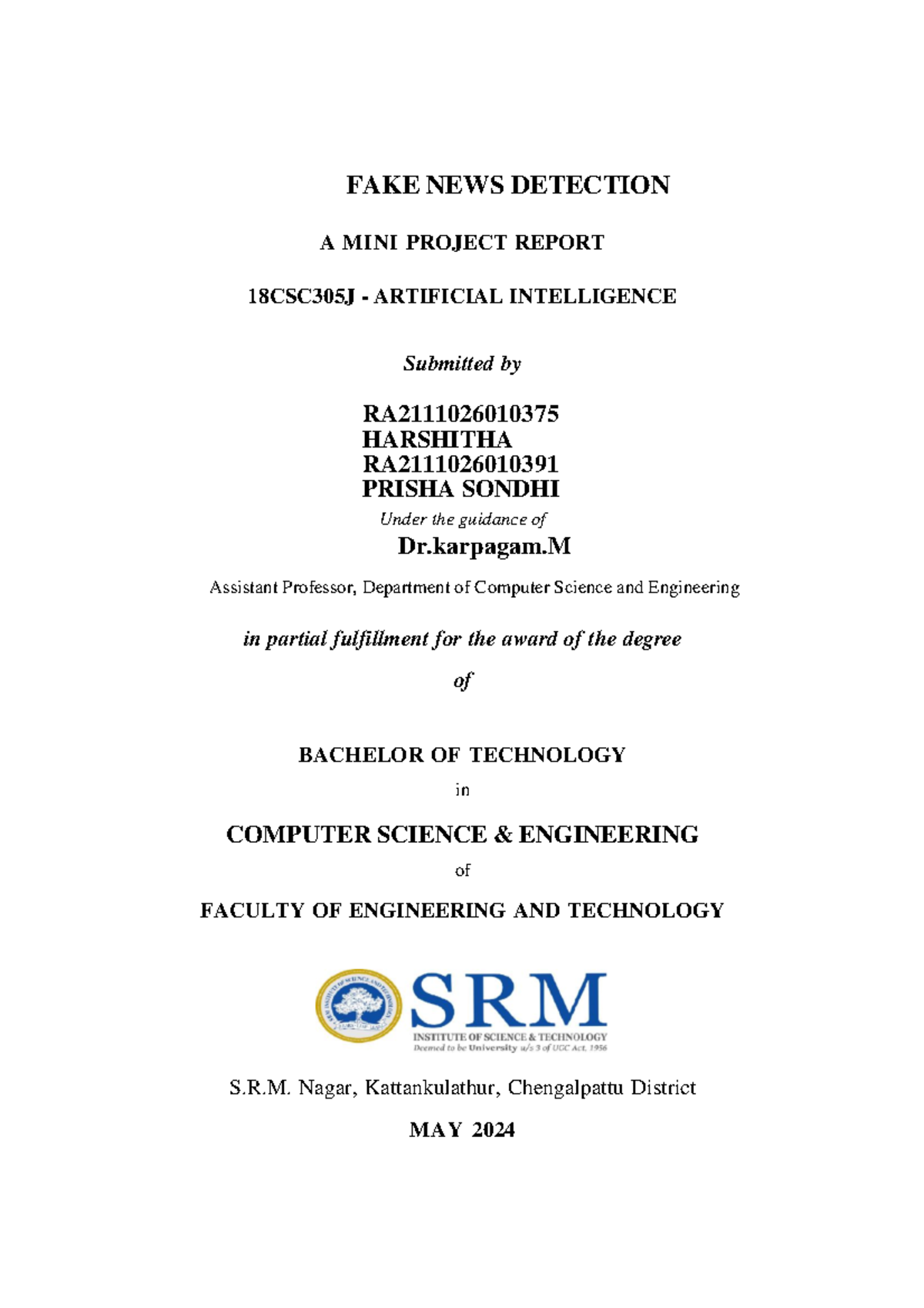 AI Report format - assignment - A MINI PROJECT REPORT 18CSC305J ...