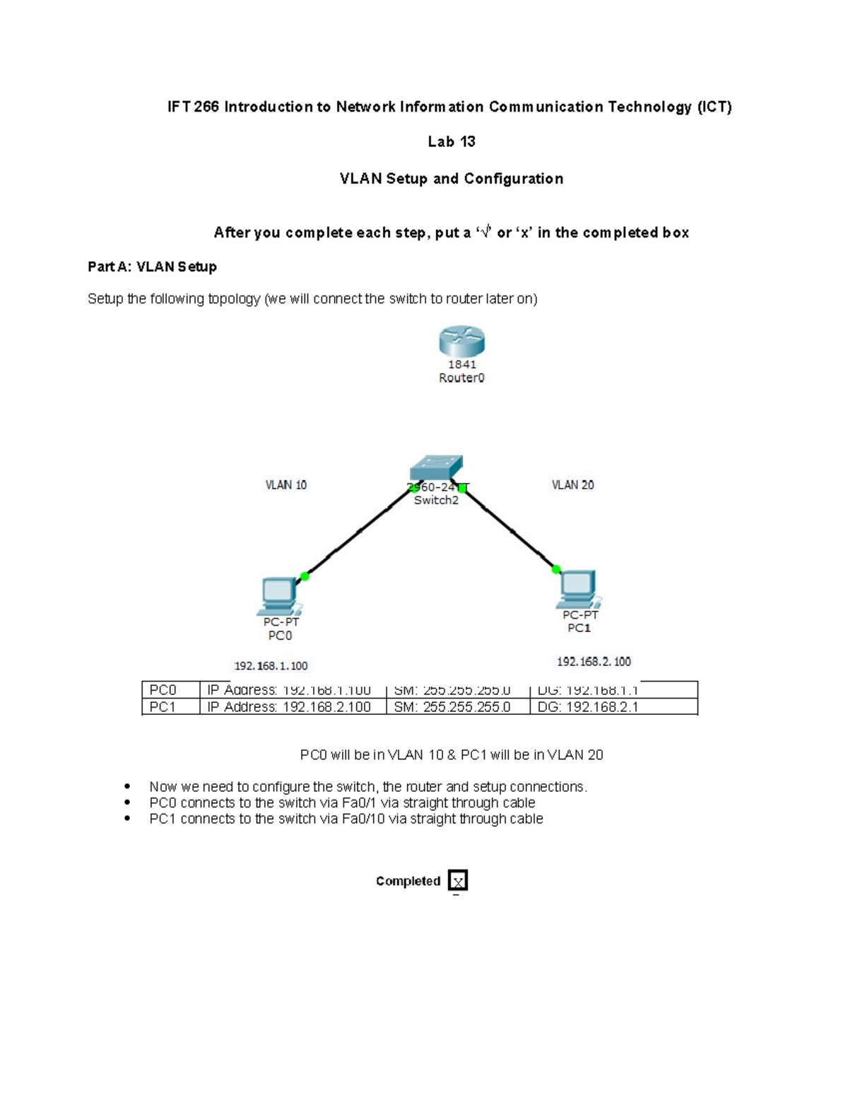 Lab 13 (VLAN configuration) - IFT 266 Introduction to Network Information Communication ...