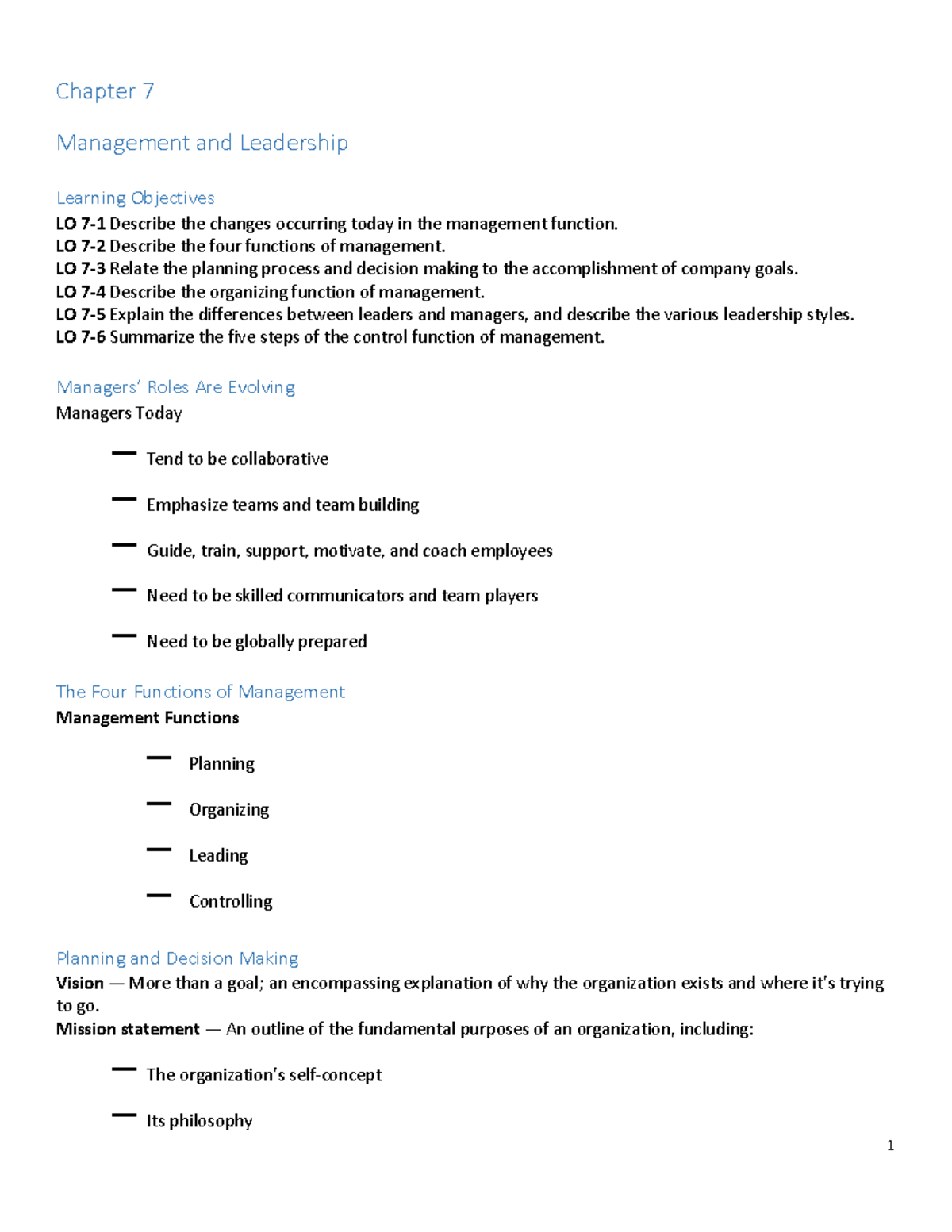 BUS9 Chapter 7 Outline - Chapter 7 Management and Leadership Learning ...