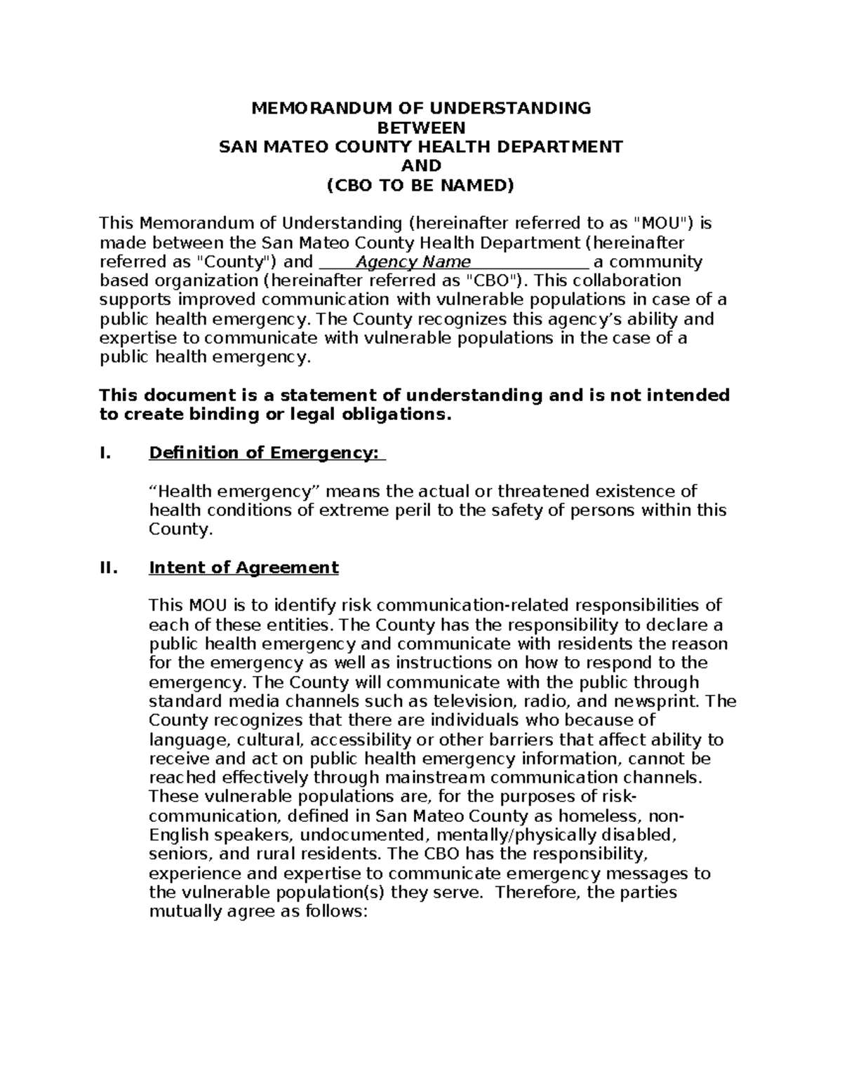 14 mou with cbo - the arrangment of an mou with cbo member - MEMORANDUM OF UNDERSTANDING BETWEEN ...