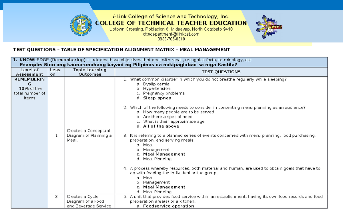 Prelim- Examination -MEAL Management - TEST QUESTIONS – TABLE OF ...