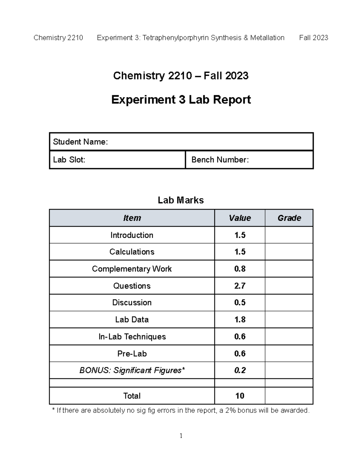 2210 Experiment 3 Report - Tetraphenylporphyrin - Fall 2023 - Chemistry ...