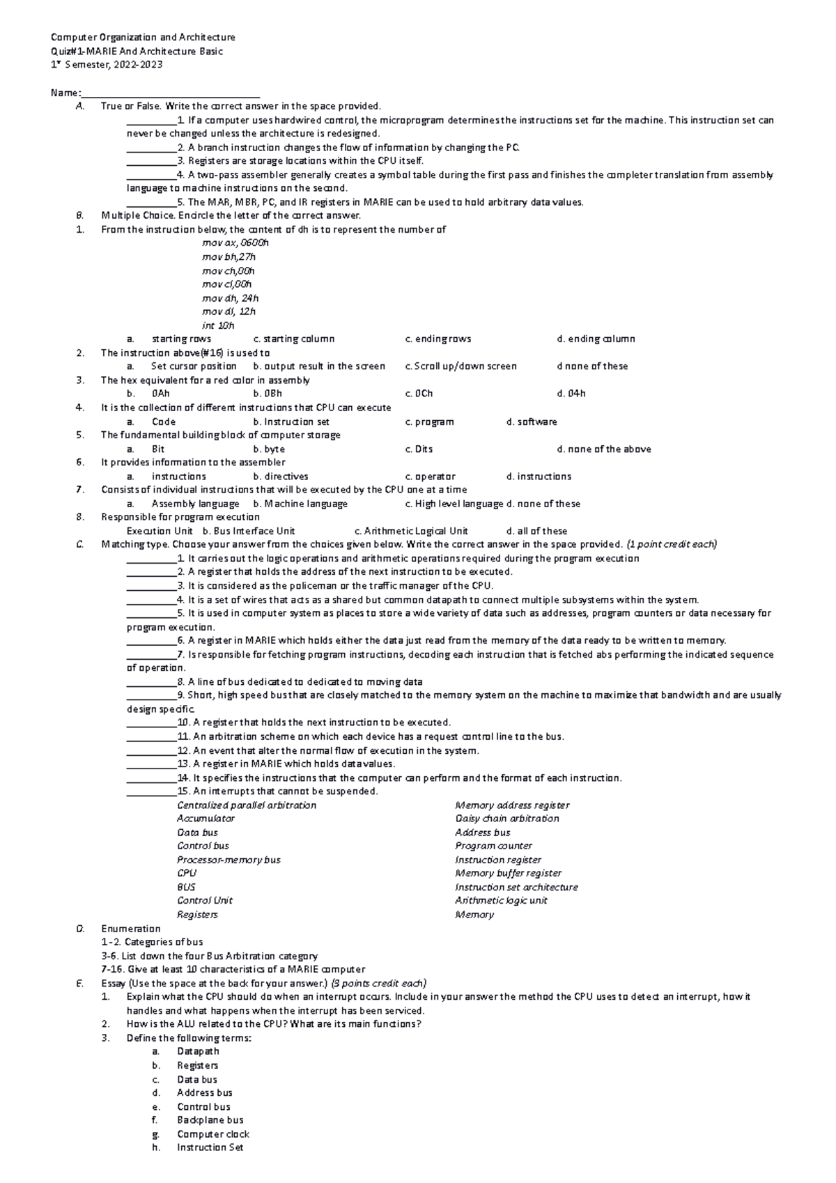 Marie Architecture - Questions - Computer Organization and Architecture Quiz#1-MARIE And - Studocu