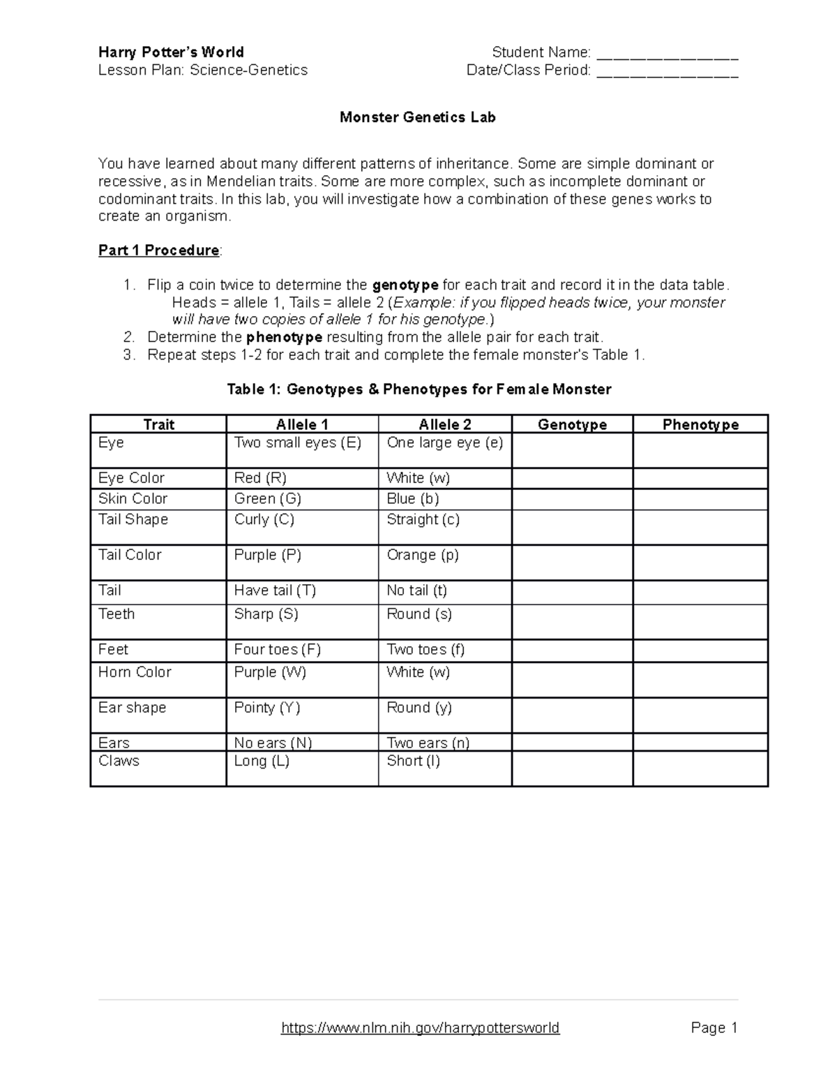 ==Complex traits monster genetics lab student - Harry Potter’s World ...