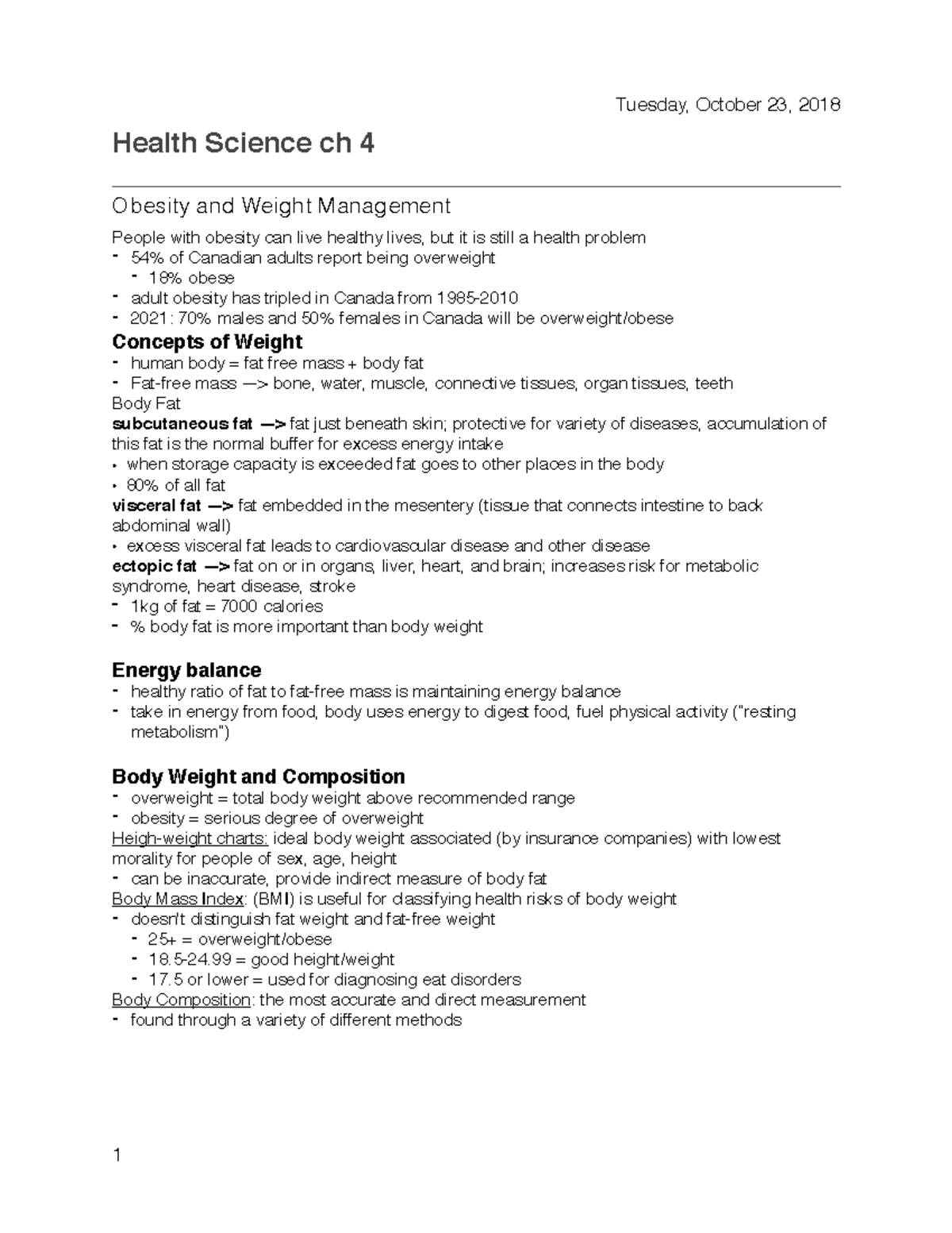 Health sci ch 4 - Summary notes - Health Science ch 4 Obesity and ...