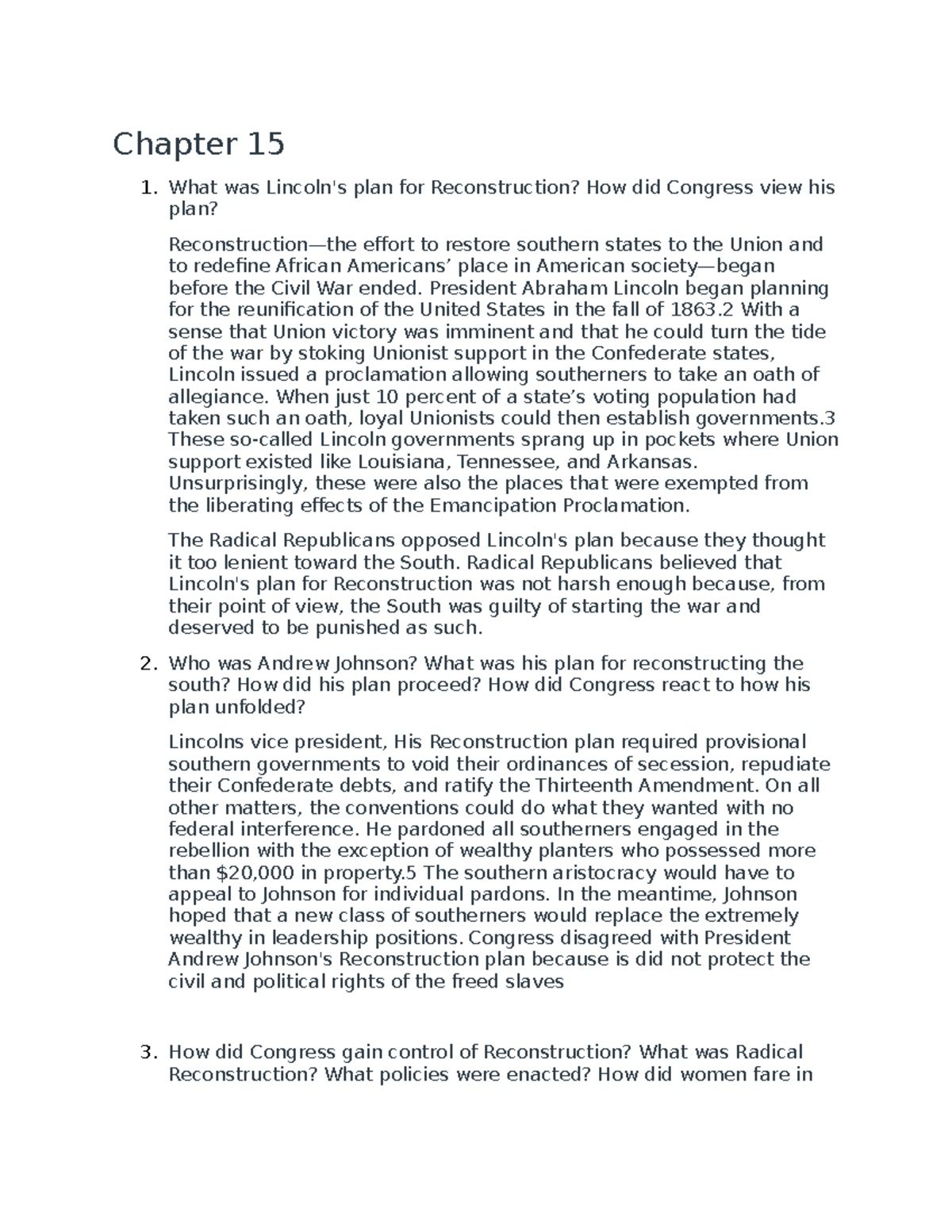 Chapter 15 - Study Questions - Chapter 15 What was Lincoln's plan for ...