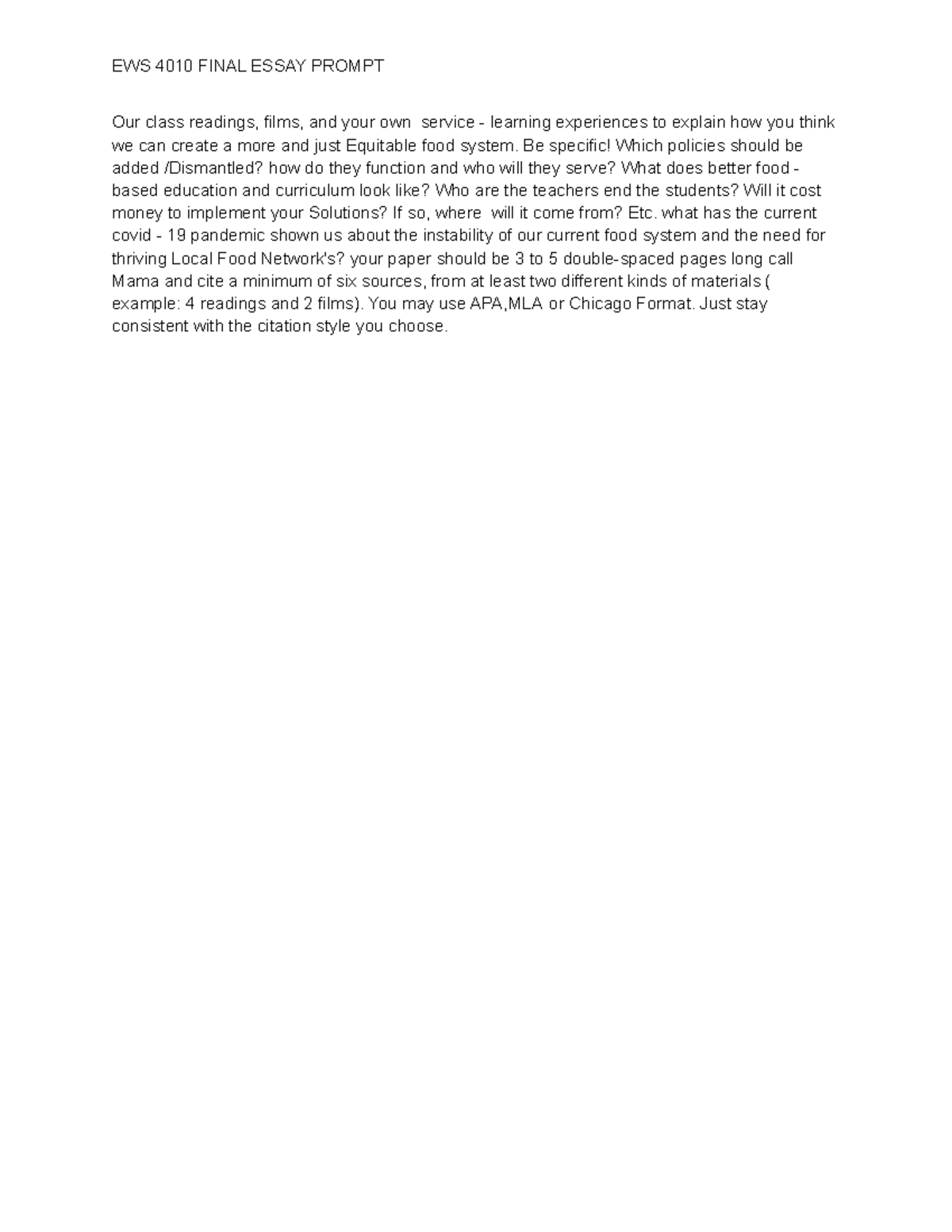EWS 4010 Final Essay Prompt - EWS 4010 FINAL ESSAY PROMPT Our class ...