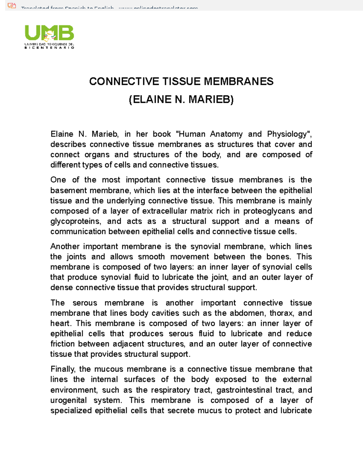 Connective tissue membranes - Elaine N. Marieb - CONNECTIVE TISSUE ...