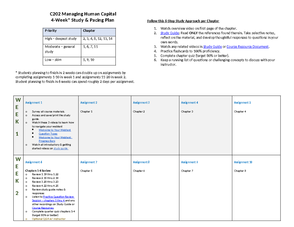 4-Week Study & Pacing Plan - C202 Managing Human Capital 4-Week* Study ...