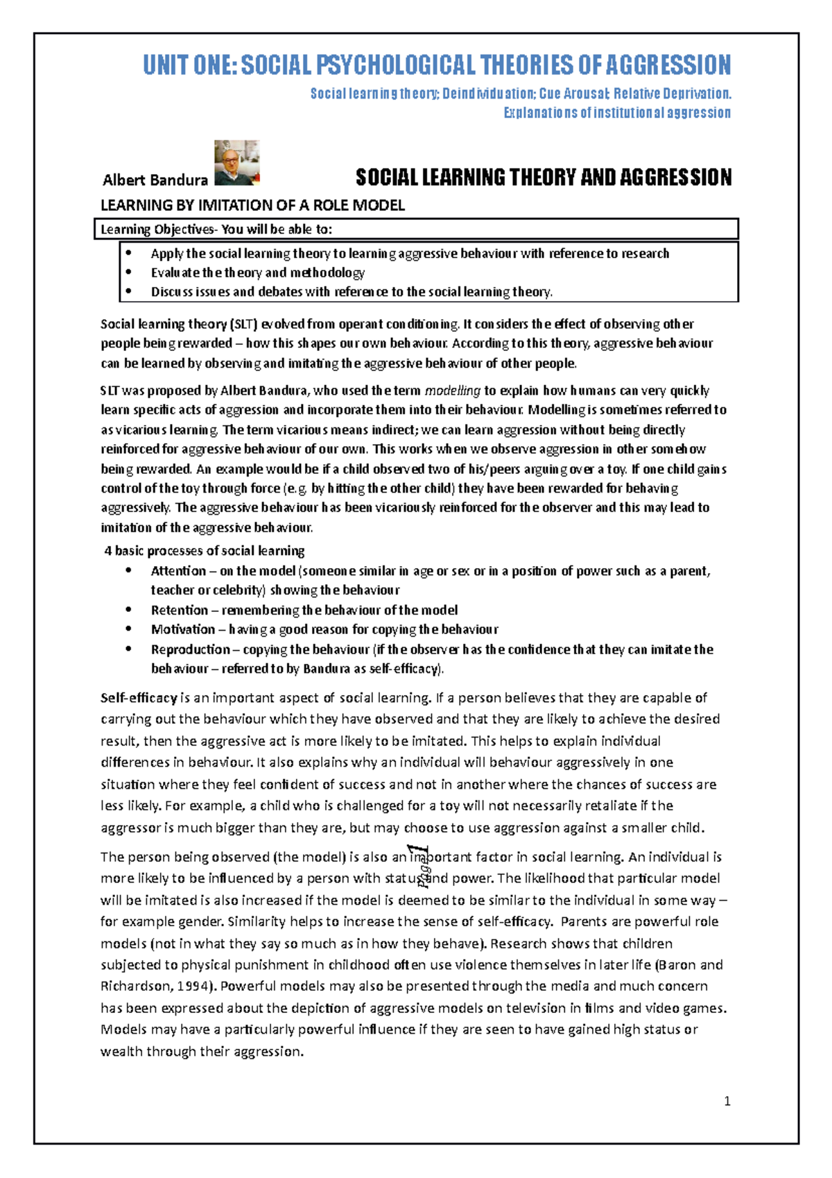 Aggression Notes - UNIT ONE: SOCIAL PSYCHOLOGICAL THEORIES OF ...