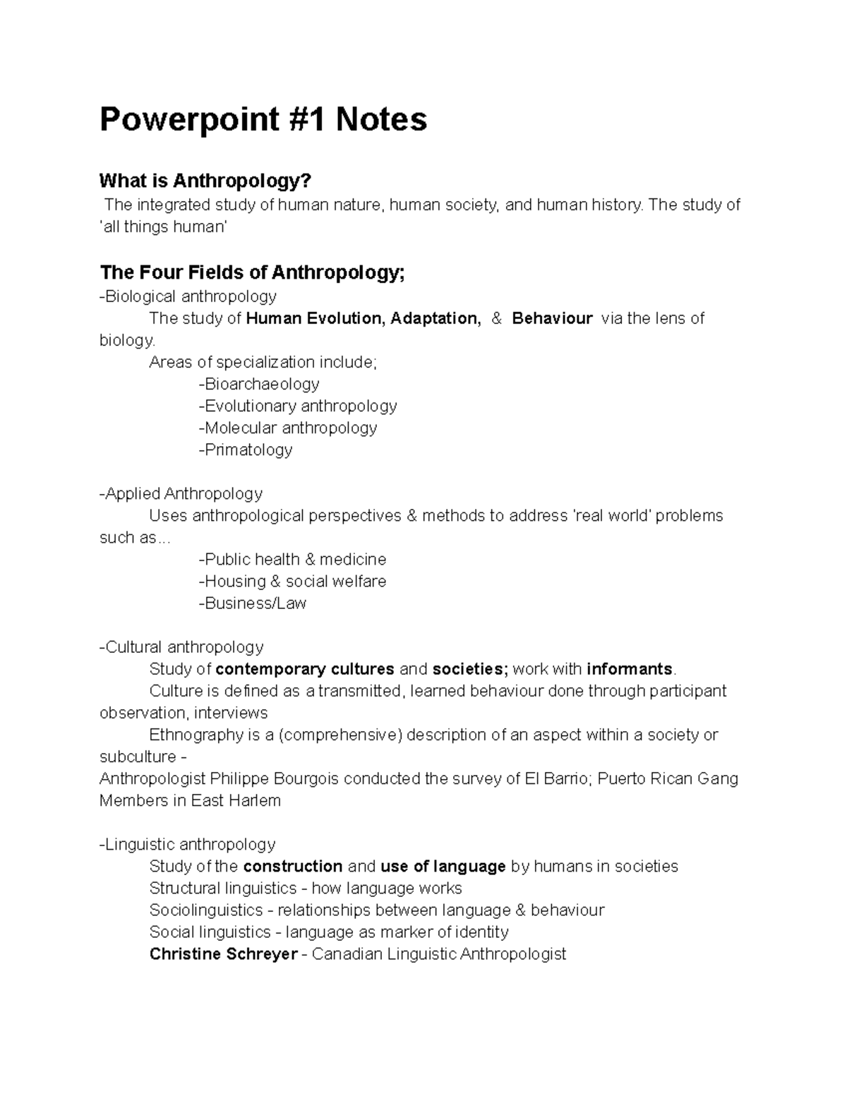 Anthropology 1AA3 Lecture Notes - Powerpoint #1 Notes What is ...