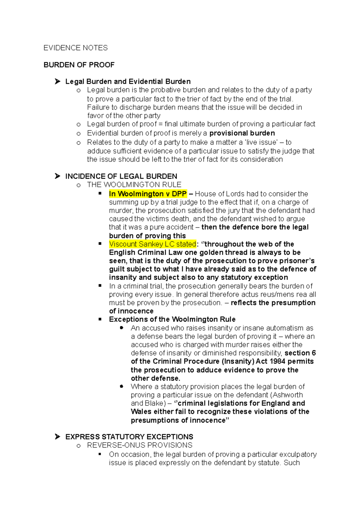Evidence Notes - EVIDENCE NOTES BURDEN OF PROOF Legal Burden and ...